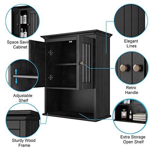 Treocho Wood Wall Cabinet Bathroom Medicine Cabinet Storage with Doors and Adjustable Shelf Wall Mount for Bathroom, Livingroom, Kitchen, Cupboard, Black