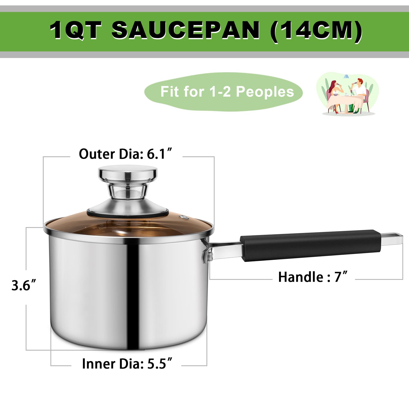 TeamFar 1 Quart Saucepan, Stainless Steel Tri-Ply Small Sauce Milk Pan with Heatproof Handle for Cooking/Boiling/Simmering, For Induction/Gas/Electric, Healthy & Heavy Duty, Dishwasher Safe
