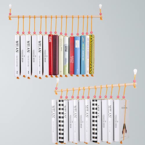 VOMELON Handmade Bookshelf,2 Pack Hanging Bookshelves Decor, Floating Bookshelf and Display Book Holder for Bedroom Wall Hanger for Kids Great Gift