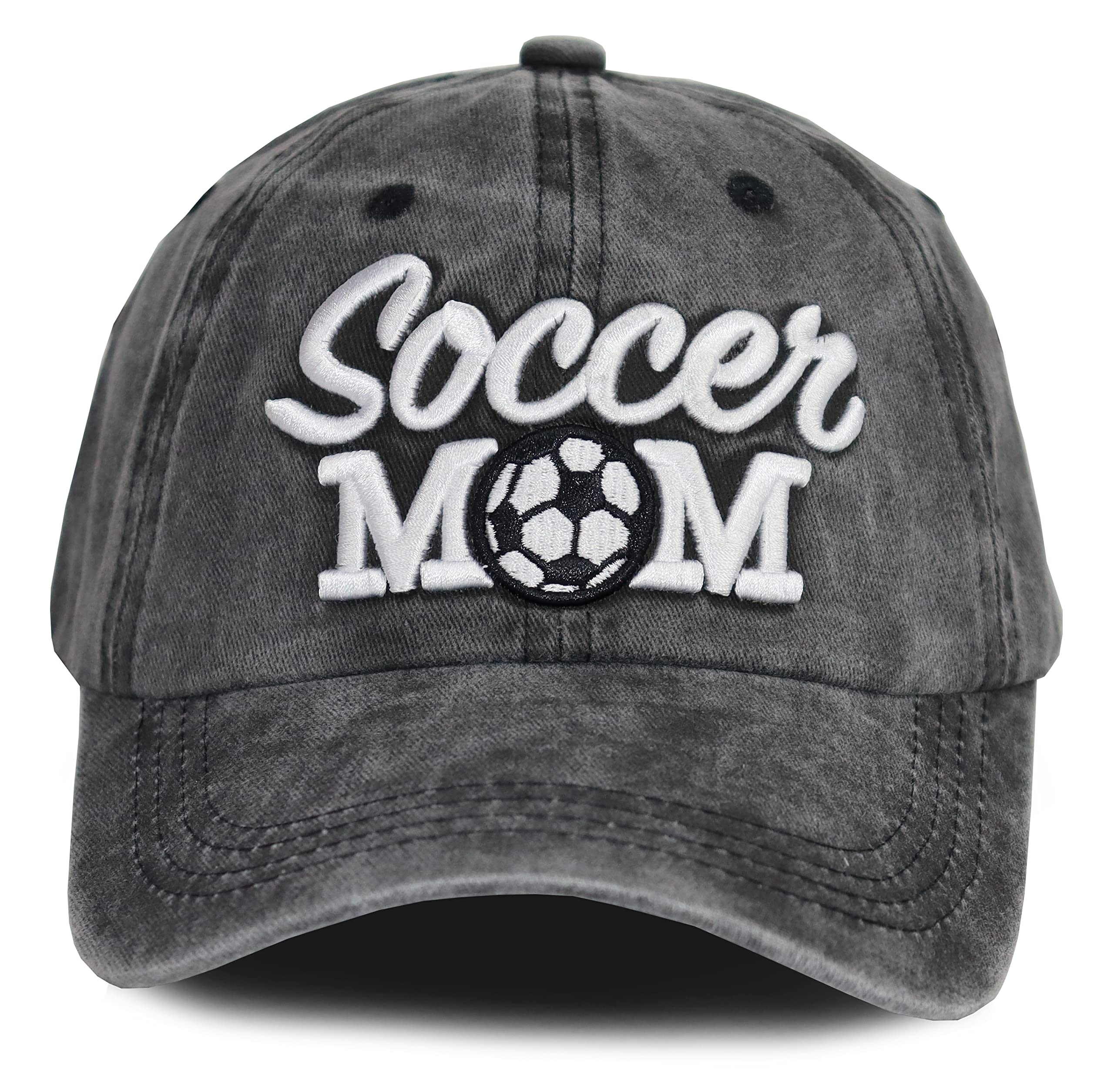 MANMESH HATT Soccer Mom Hat for Women, Funny Mother's Day Soccer Accessories Team Gifts, Vintage Washed Distressed Embroidered Baseball Cap for Mama, Grandma Black