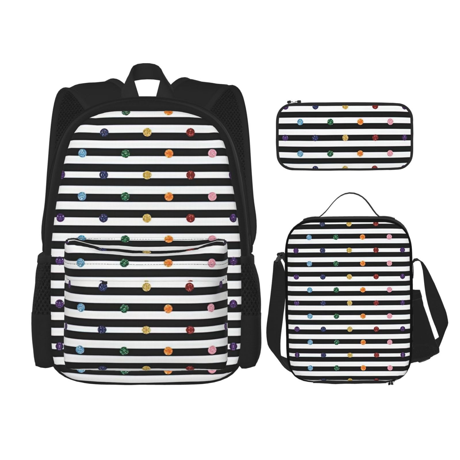 KoNsev 3pcs Backpack Sets,Rainbow Polka Dot Stripe Black And White Printed Backpacks Set With Lunch Bag Pencil Pouch
