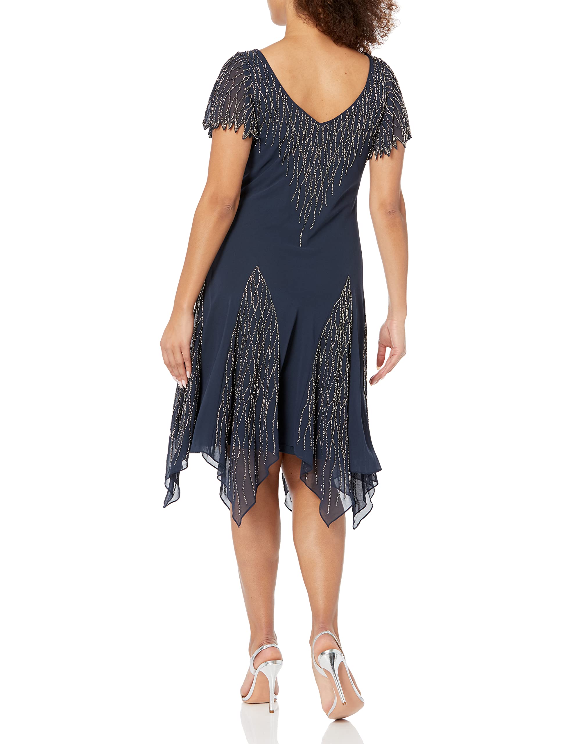 J Kara Women's Hanky Hem Beaded Cocktail Dress, Navy/Mercury, 6