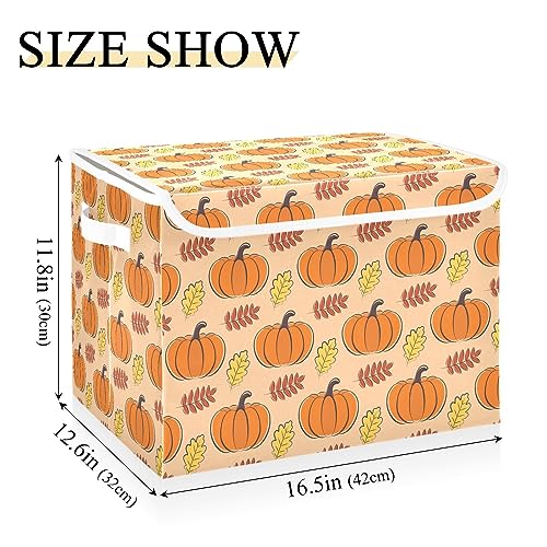 Krafig Foldable Storage Box Large Cube Organizer Bins Autumn Orange Pumpkins Containers Baskets with Lids Handles for Closet Organization, Shelves, Clothes, Toys