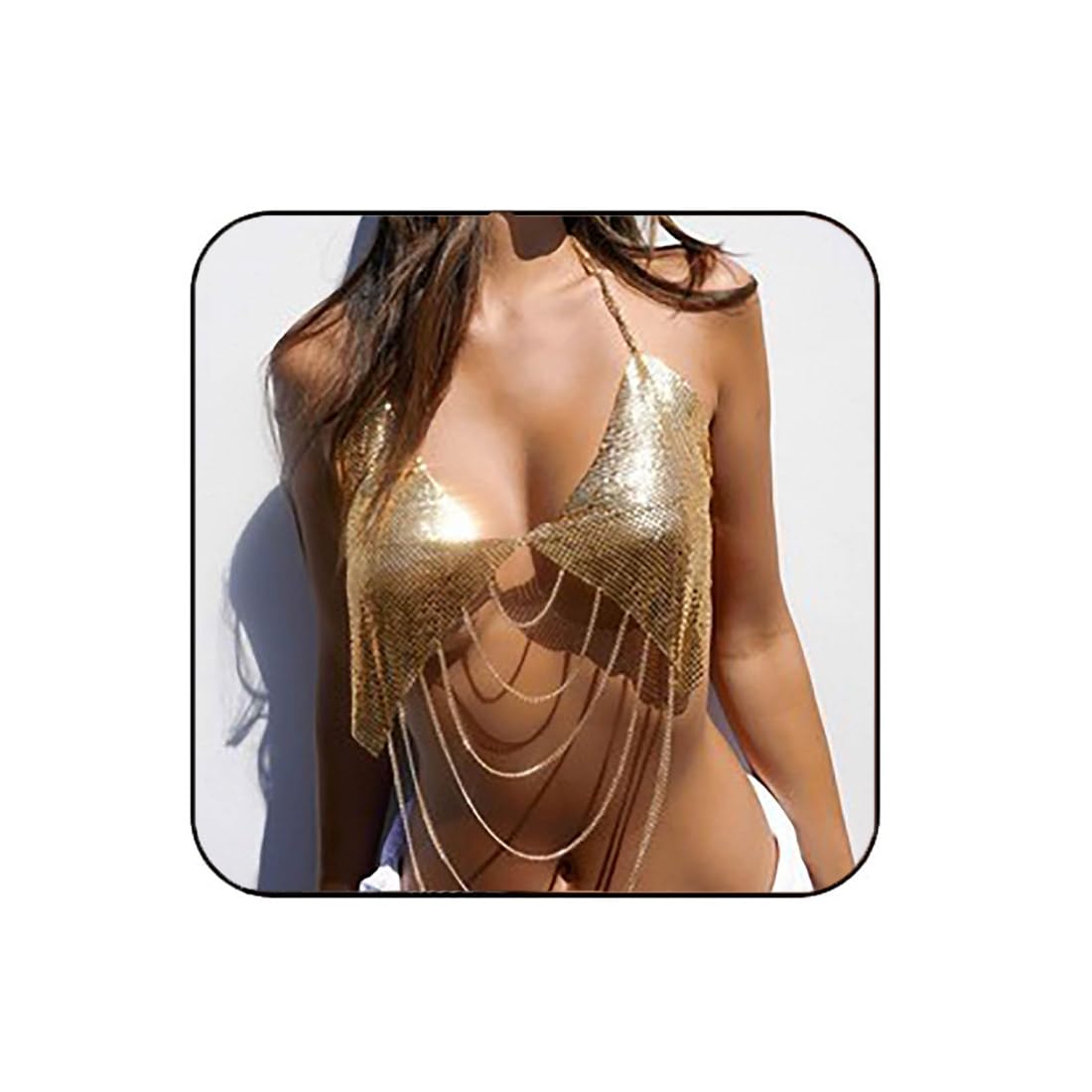 Jeweky Sequin Bra Chain Gold Tassel Crop Top Chest Body Chains Sexy Beach Nightclub Rave Bikini Body Accessories Jewelry for Women
