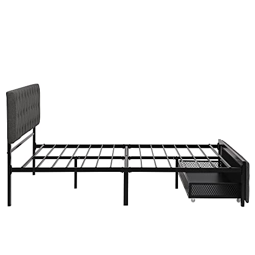 Voohek Queen Size, Metal Platform, Upholstered Headboard,with Storage Space,Gray Bed Frame