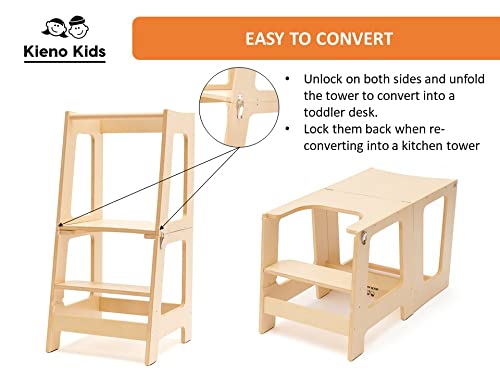Learning Toddler Desk & Toddler Tower - Foldable 2 in 1 Kitchen Stool & Desk for Toddlers. Convenient Toddler Standing Tower, Converts Into a Toddler Table / Desk for Toddler (Natural Wood)