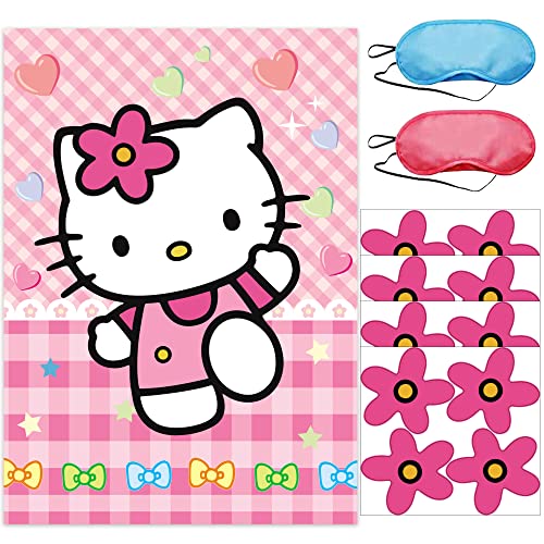 Kitty Birthday Decorations, Pin the Flower on Kitty, Kitty Theme Party Games Large Poster for Boys Girls