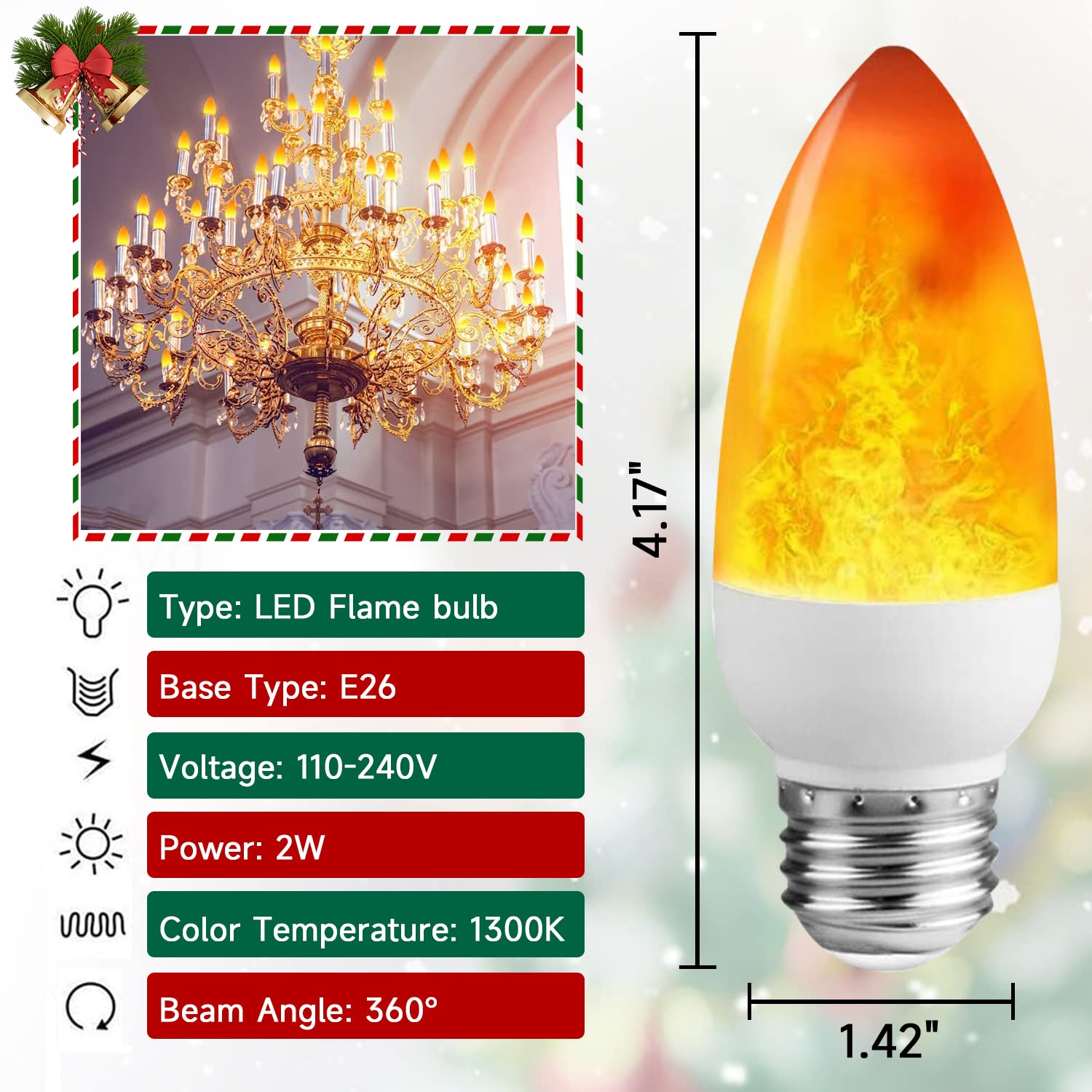 LEDERA LED Flame Bulbs 3 Modes Fire Light Bulbs, E26 LED Flame Effect Light Bulb, 1300K Emulation Candelabra Bulb for Party Festival Indoor Outdoor Home Decoration, 4-Pack