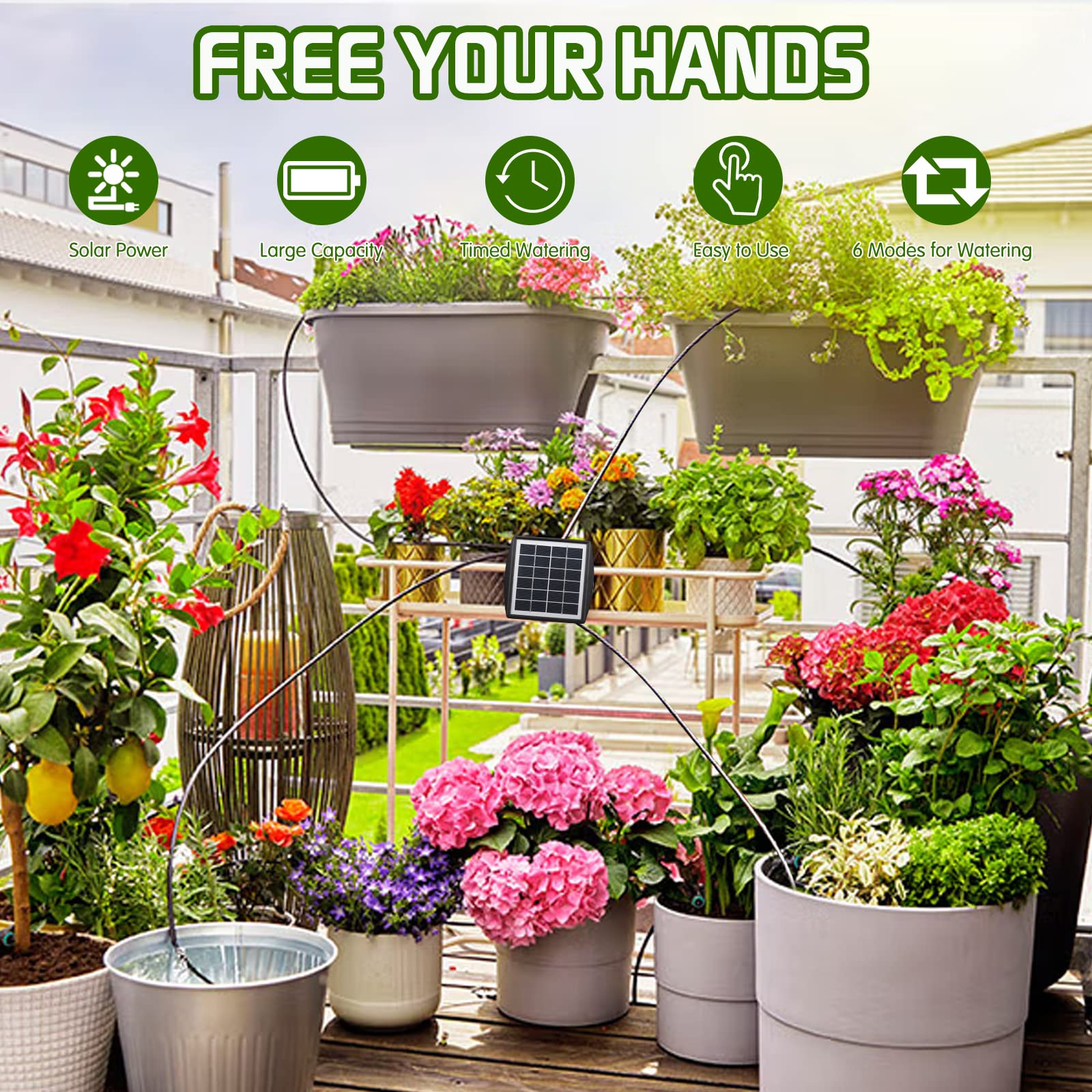 Solar Irrigation System, Automatic Drip Irrigation Kits, Watering System for Potted Plants Outdoor, Automatic Plant Self Watering Devices for Balcony, Plant Bed (6 Timing Modes, Supported 10-15 Pots)