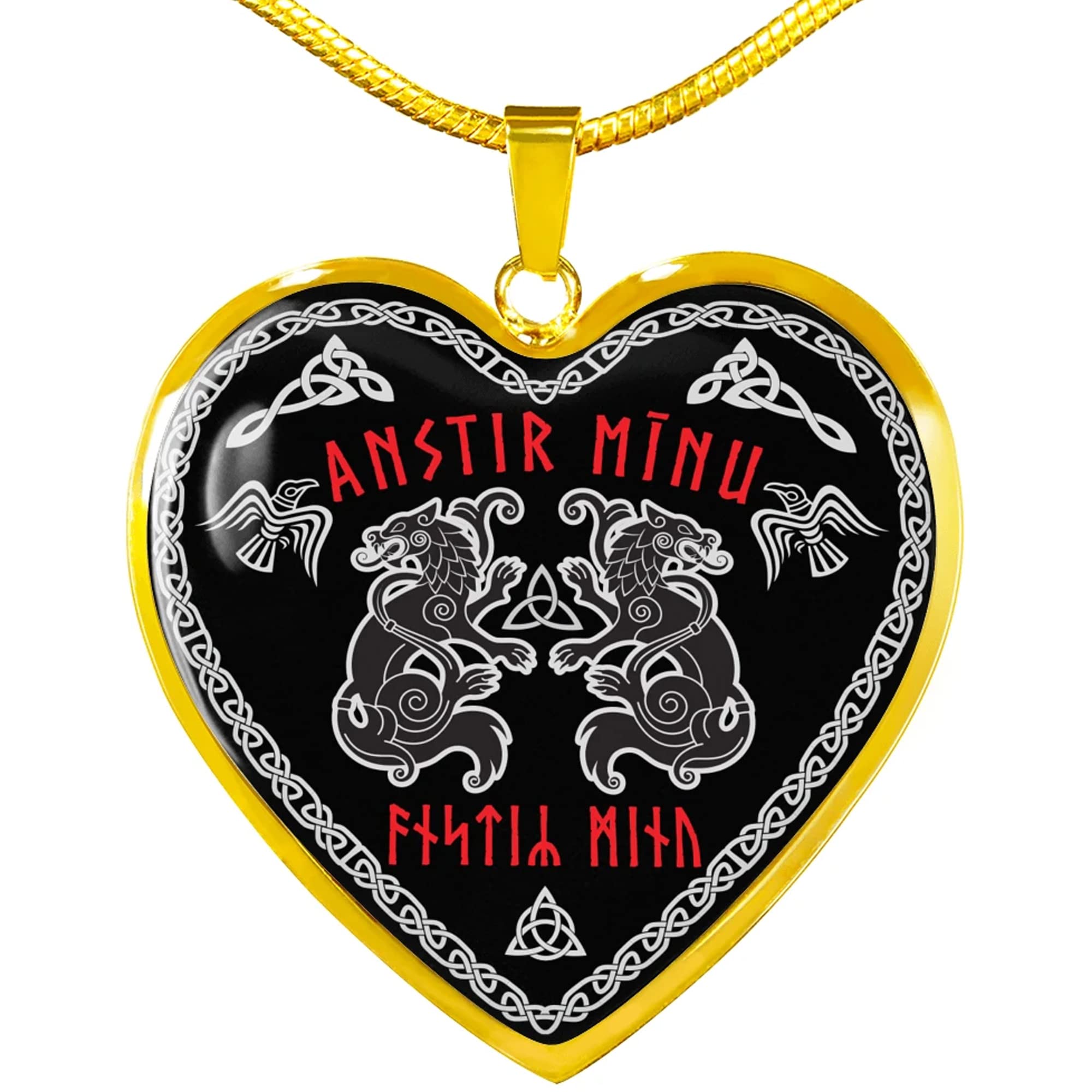 My Love Nordic Elder Viking Runes Wolf Necklace Norse Pagan Wolves Pendant Gift (18k Gold Finish + engraving)