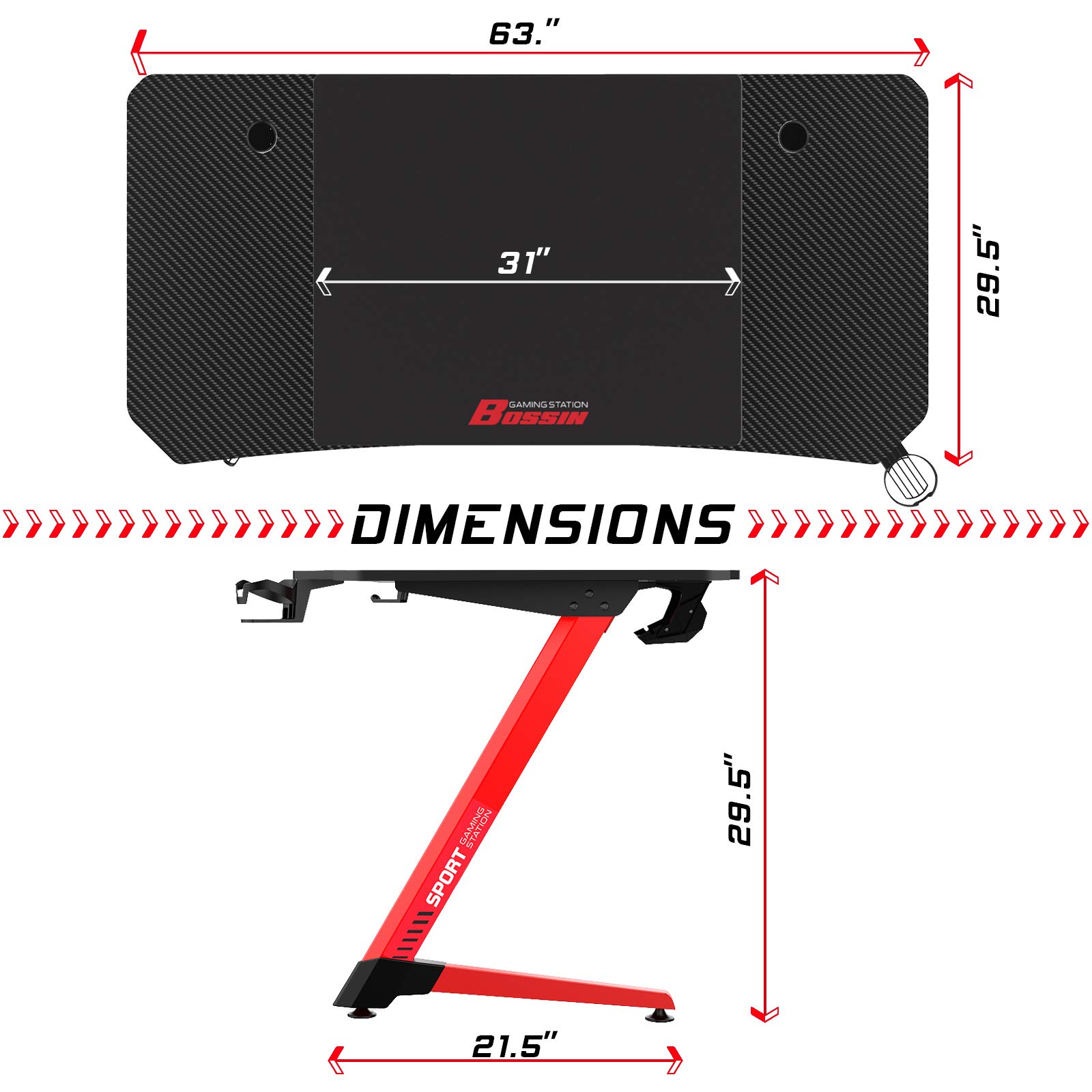 LEMBERI 63 inch Gaming Desk, Z-Shaped Computer Desk with Free Large Mouse Pad, Professional Game Work Station, PC Gamer Table with USB Gaming Handle Rack, Stand Cup Holder&Headphone Hook(63", Red)