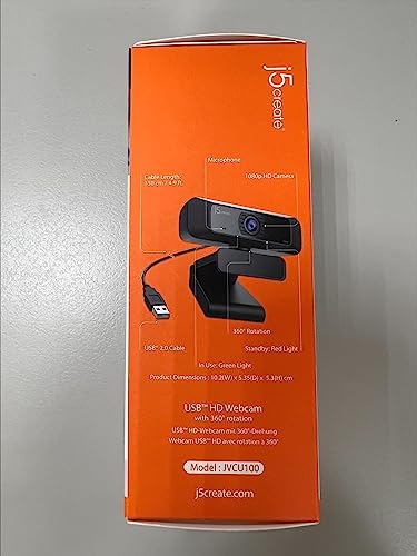 j5create USB Streaming Webcam - 1080P HD with 360° Rotation, High Fidelity Microphone, Plug and Play for PC/Mac/Laptop/Desktop/Skype/YouTube/Zoom/Facetime, Suitable for Conferencing/Calling (JVCU100)