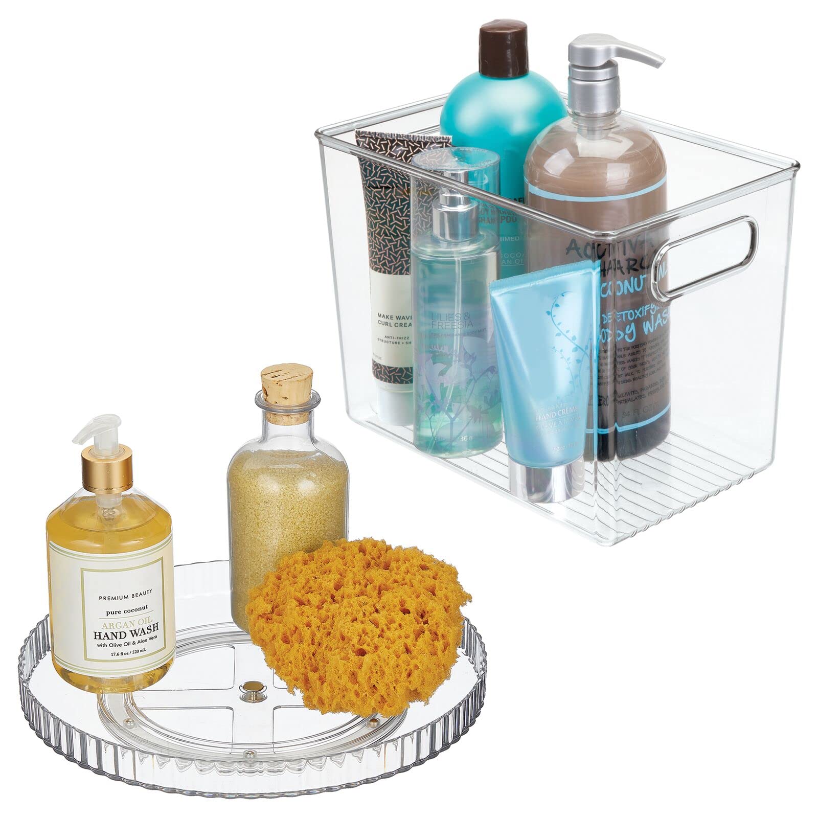 mDesign Plastic Deep Bathroom Bin with Handles and 11.5" Fluted Lazy Susan Turntable Plastic Spinner Combo Set for Organization in Bathroom, Closet, Cabinet, or Vanity Countertop - Set of 2 - Clear