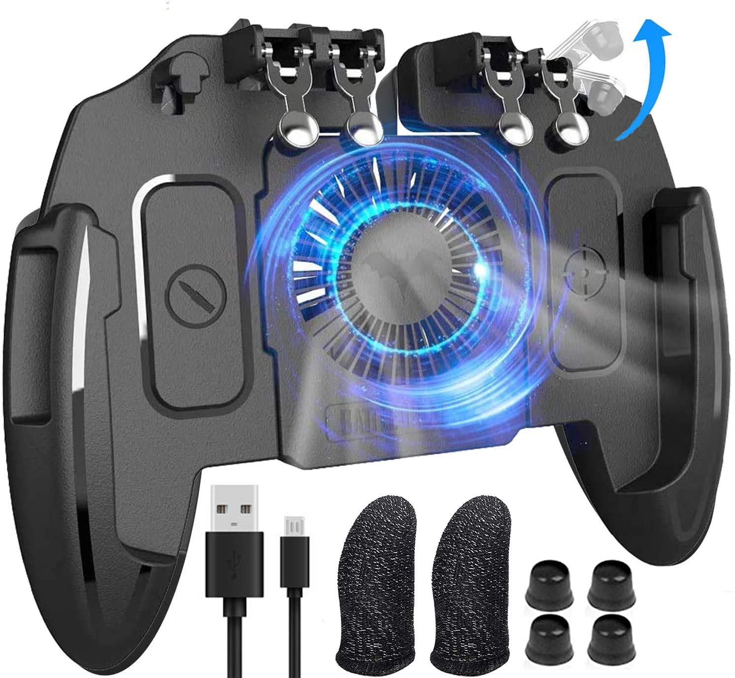 Mobile Game Controller with Cooling Fan/Phone Holder/Finger Sleeves for PUBG/Fortnite/Call of Duty, Tomoda L1R1 Mobile Triggers for 4.7”-6.5” iOS Android Phones