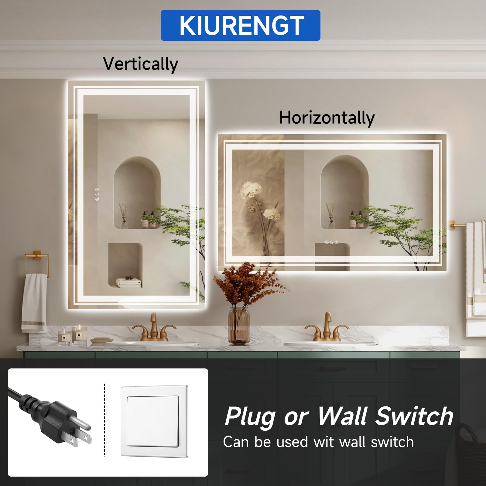 KIURENGT LED Bathroom Mirror 36 * 28" Anti-Fog Wall Mounted Bathroom Mirror, Bathroom Vanity Mirror with Lights with 3 Colors Dimmable, Shatter-Proof, Tempered Glass