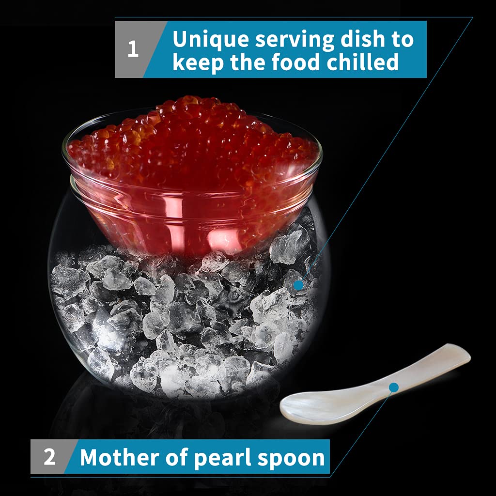 MDLUU 2-Pack Caviar Chiller Server with Mother of Preal Spoon, Ice Chilled Bowl for Martini, Cocktail, Ice Cream,Capacity 6.08 Oz