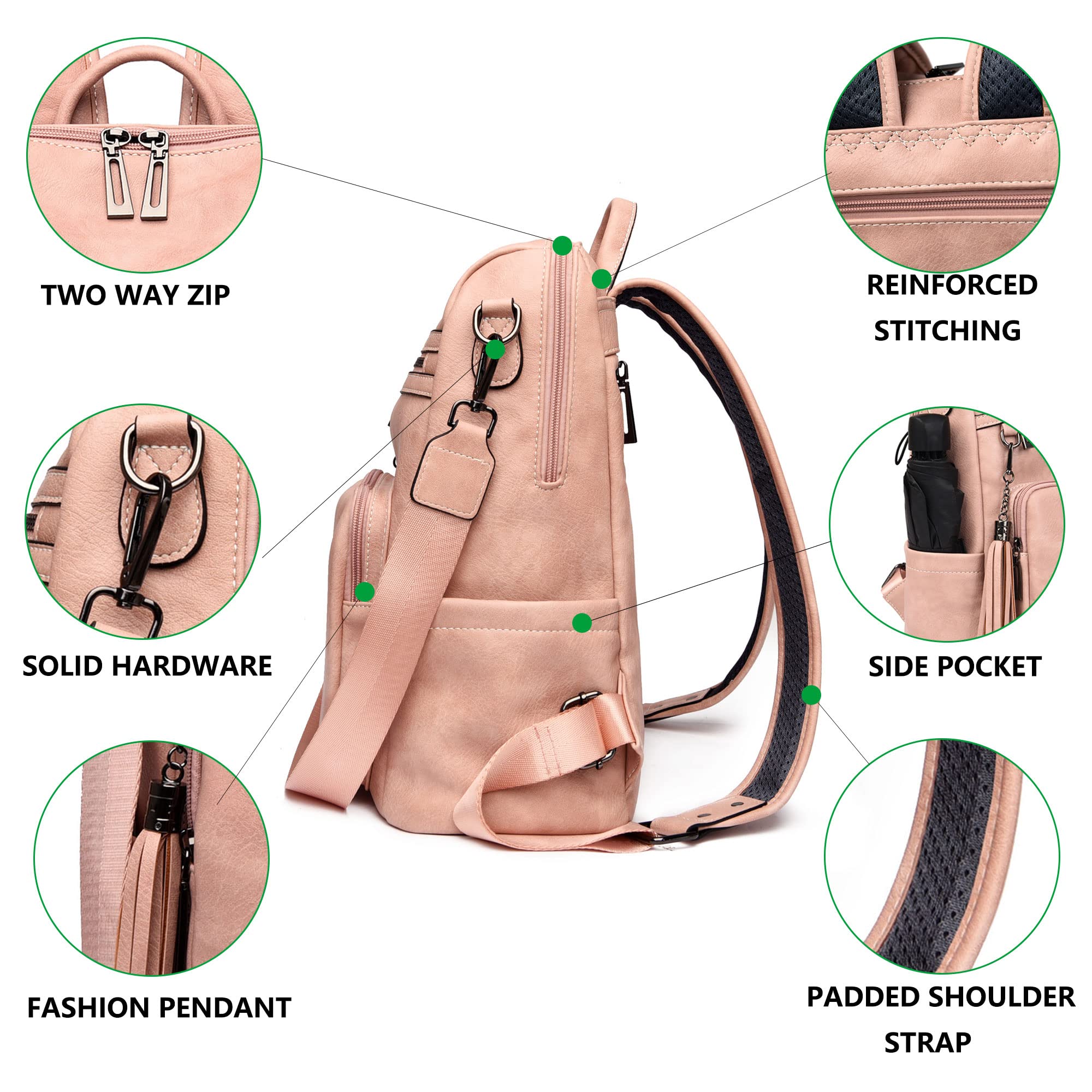Mistour Backpack Purse for Women Leather Convertible Fashion Travel Womens Purse Backpack with Padded Shoulder Strap (Pink)