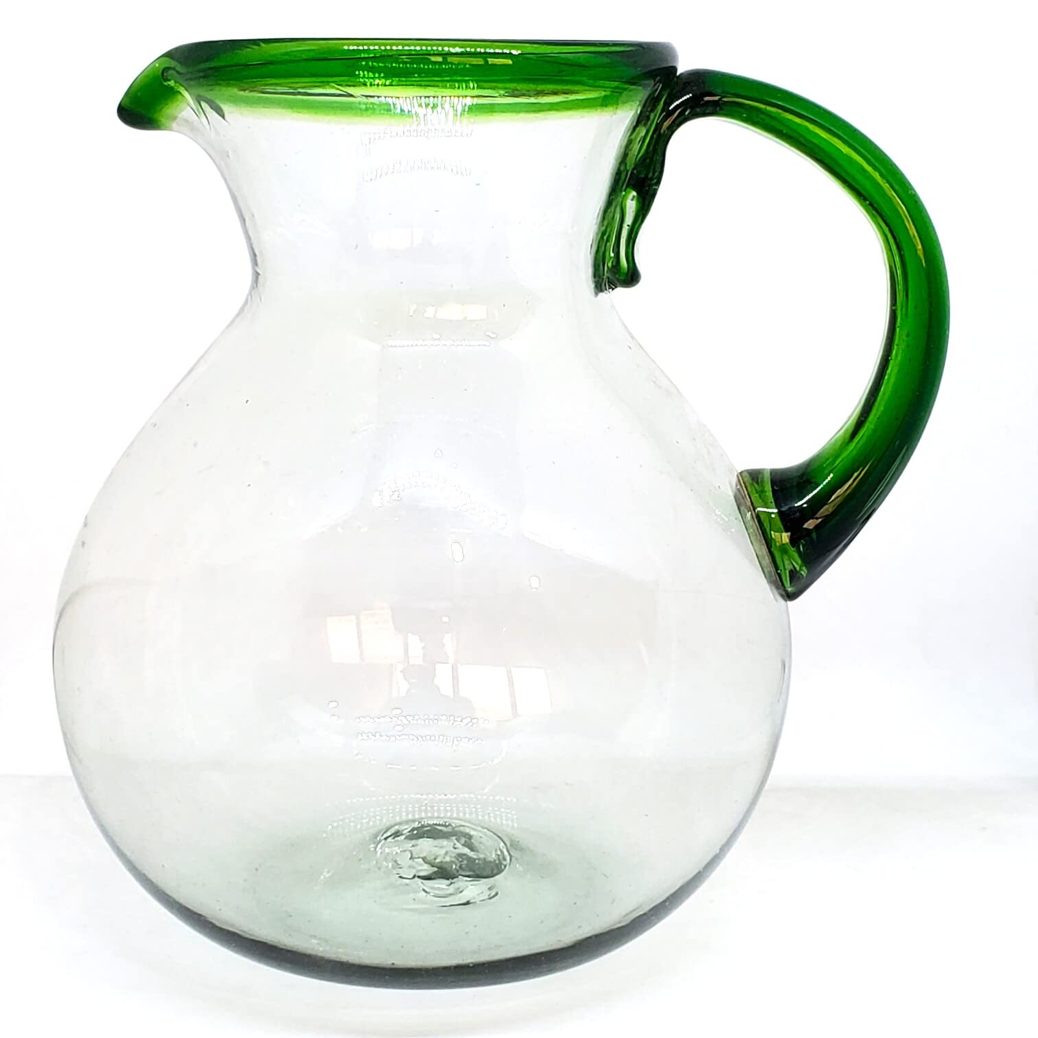 MexHandcraft Emerald Green Rim 120 oz Large Bola Pitcher, Recycled Glass, Lead-free, Toxin-Free (Pitcher)