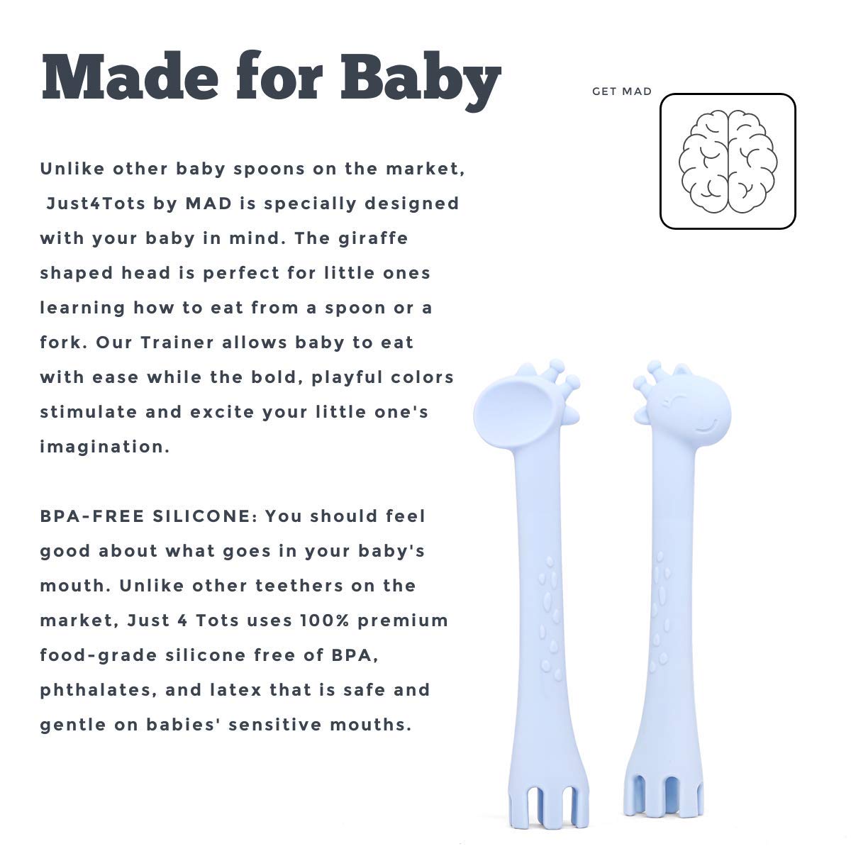 Just4Tots by MAD 3 in 1 Giraffe Silicone Safety Feeding Spoon, Fork, and Teether | Self-Soothing Giraffe Teether for Babies, Infants, Toddlers, Girls or Boys | BPA Free | 0-36 Months (Pastel Blue)