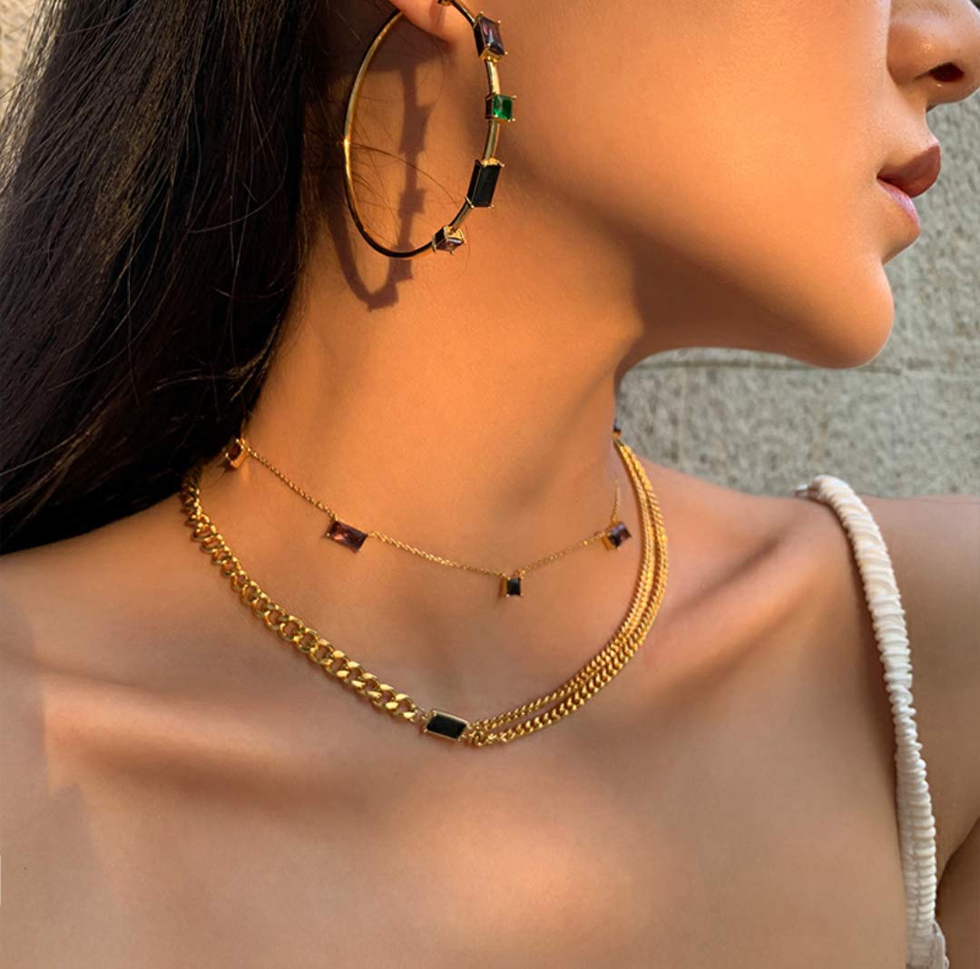 JA.S.JR 18K Gold Plated Emerald Choker Necklaces Chain Necklace Gold Statement Necklaces for Women