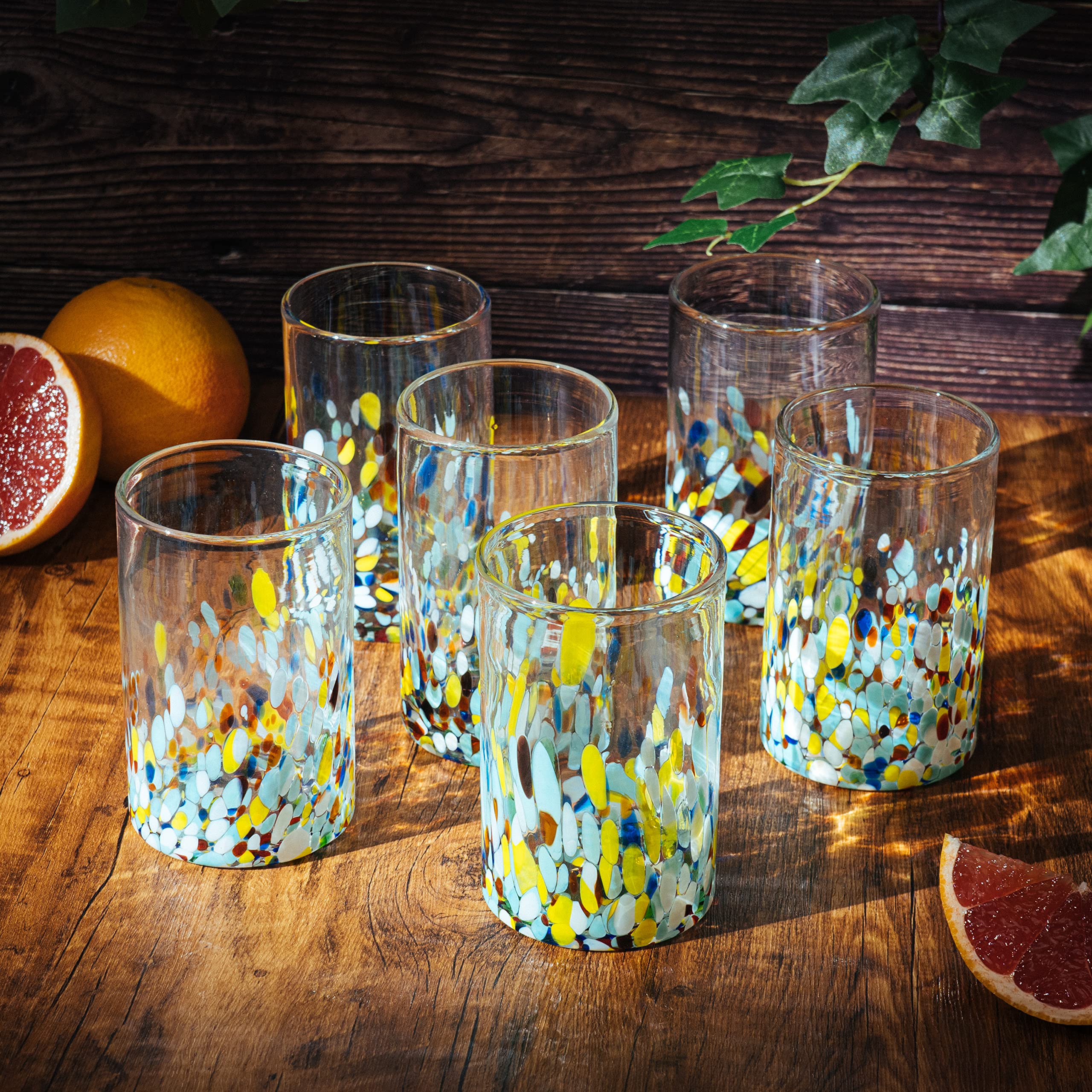 Mexican Confetti Drinking Glasses - Set of 6 - Confetti Rocks 16 oz Drinking Glasses, set of 6, Mexican Handmade Multicolor Glassware, Recycled Glass, Lead & Toxin Free, Dishwasher Safe Glassware