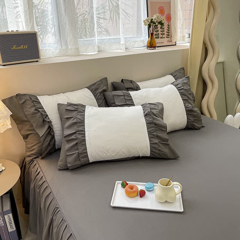 Intertest Duvet Cover Queen,Korean Princess Style Bedding Set,100% Washed Cotton 4 Pieces Solid Duvet Cover Set Lightweight Soft Queen Sheet Set Zipper Closure Breathable(No Comforter