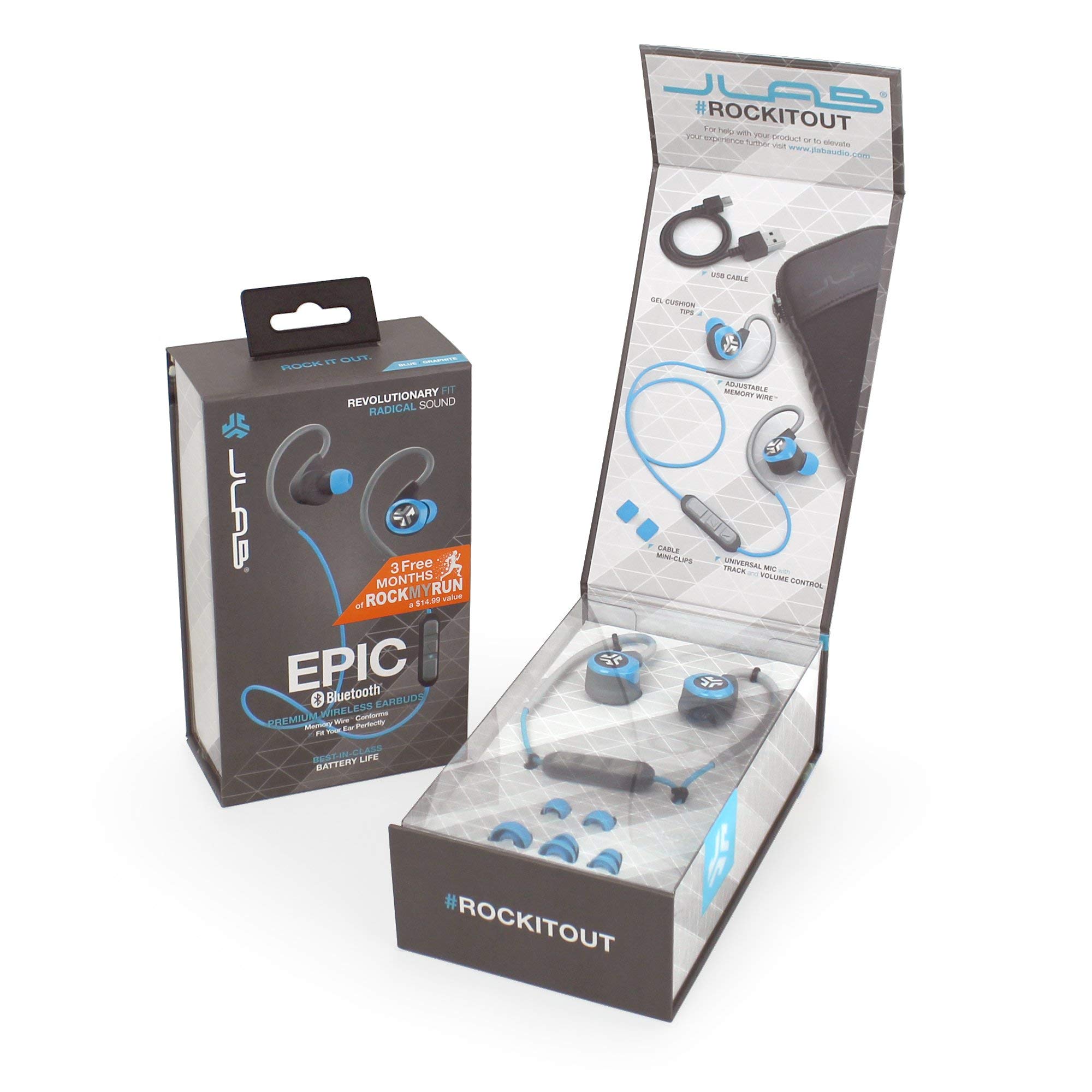 JLab Audio Epic Bluetooth 4.0 Wireless Sports Earbuds with 10 Hour Battery & IPX4 Waterproof Rating - Blue/Graphite (Renewed)