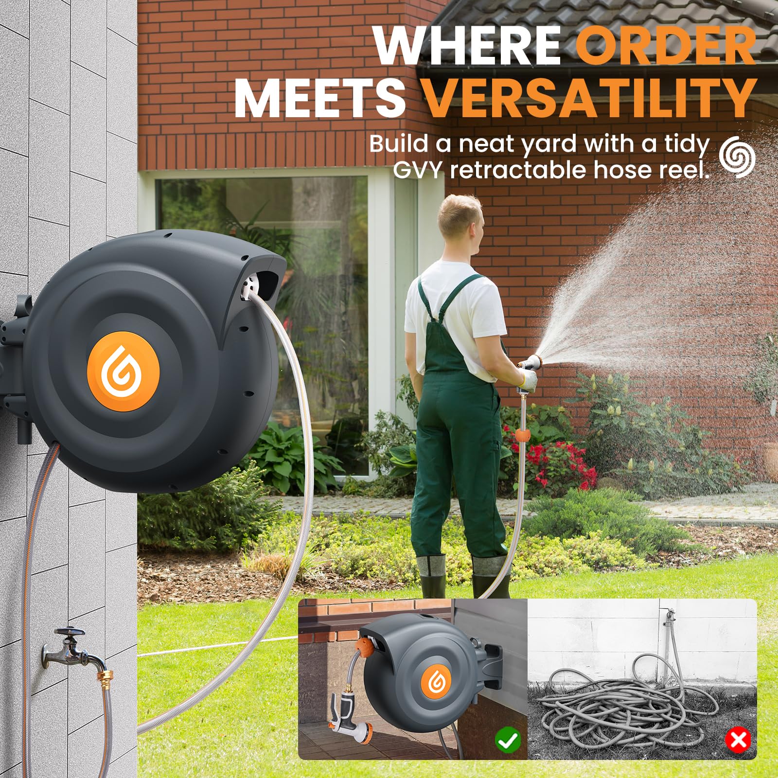 Retractable Garden Hose Reel 100ft, 1/2"Reinforced Leak-proof Water Hose, 10-Pattern Hose Nozzle, Slow Rewinding, UV Resistant, Durable Brass Fittings, 3-Layer PVC Hose, 180° Swivel Bracket