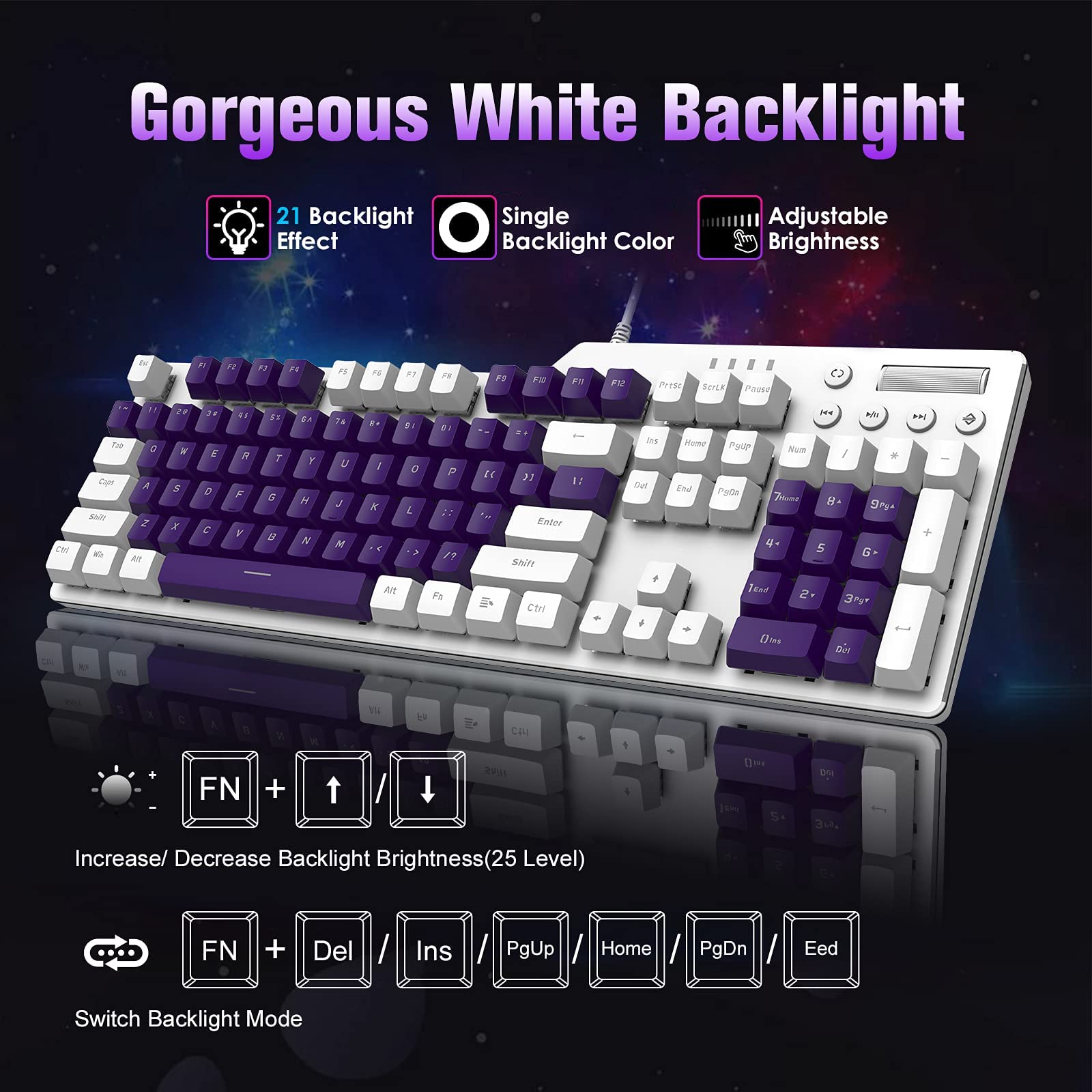 Mechanical Gaming Keyboard Hot Swappable with Multi Monochromatic Backlight 104 Key Anti-ghosting Ergonomic Metal Plate Multimedia Key USB Wired for PC Mac Gamer Office Typist(White Purple/Red Switch)