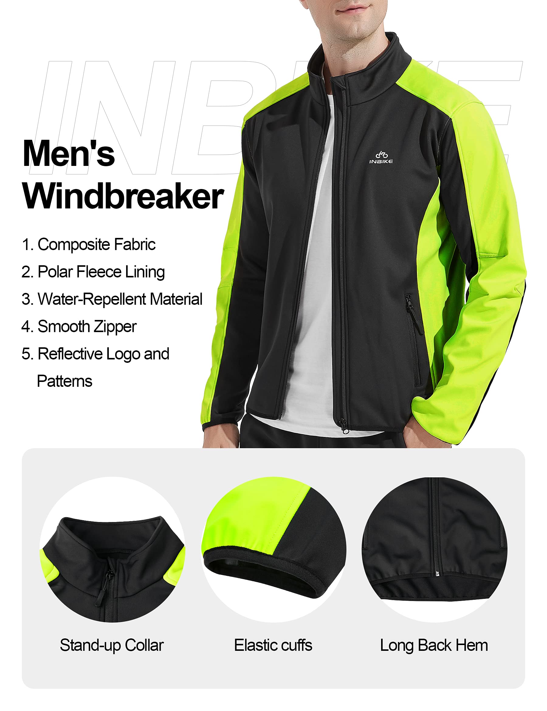 INBIKE Cycling Jacket for Men Running Biking Jackets Mens Windbreaker Reflective Windproof Fleece Lined Cold Weather Black Green Large