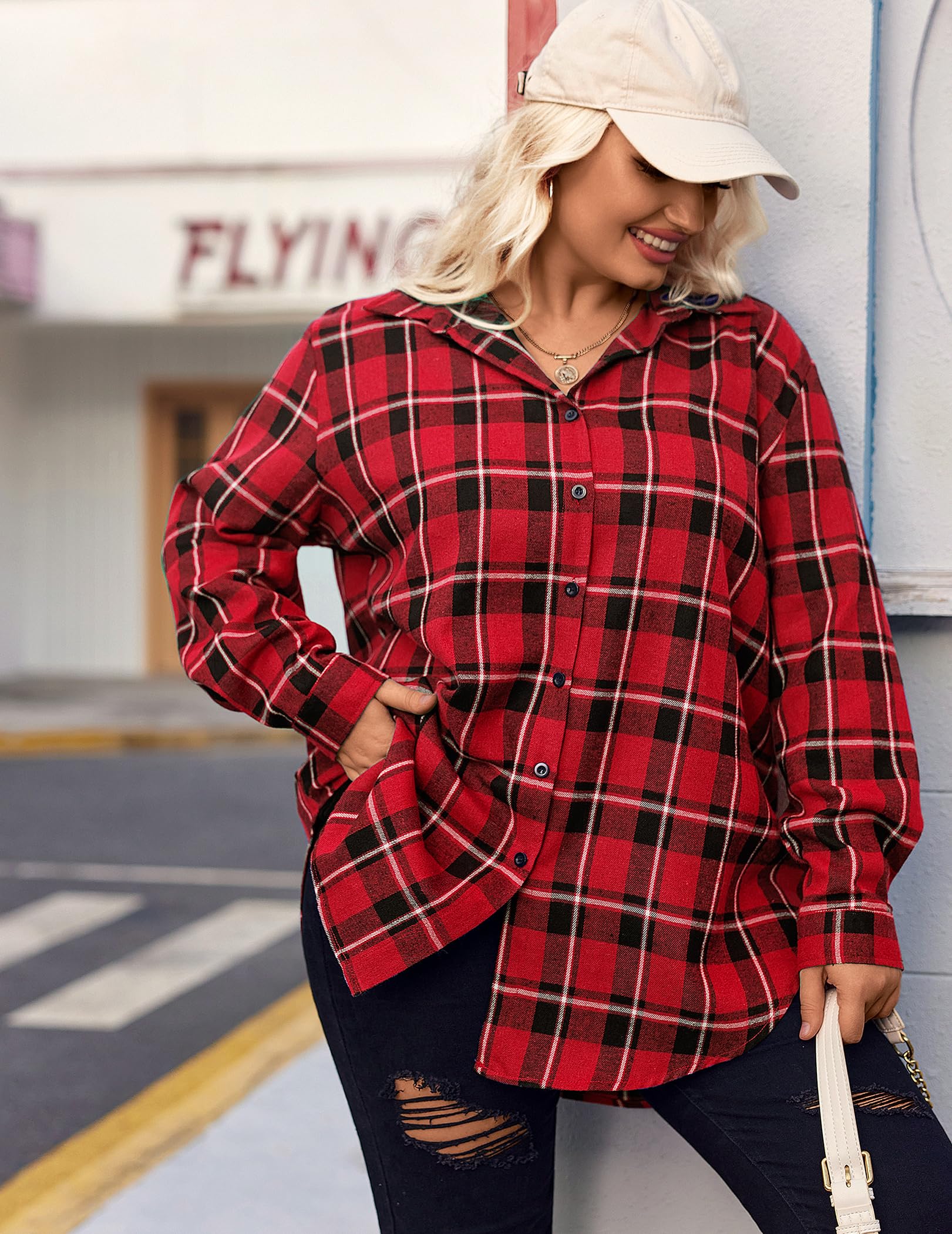 IN'VOLAN Womens Plus Size Flannel Plaid Shirt Roll Up Long Sleeve Mid-Long Button Down Shirts Casual Boyfriend Tops(24 Plus)