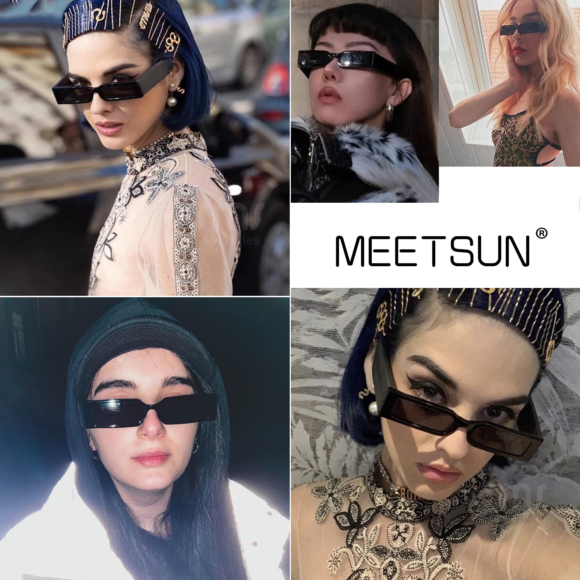 Retro 90s Rectangle Sunglasses for Women Men Trendy Small Nude Inspired Narrow Tiny Thin Skinny Slender Sun Glasses (Black Frame Grey Lens)