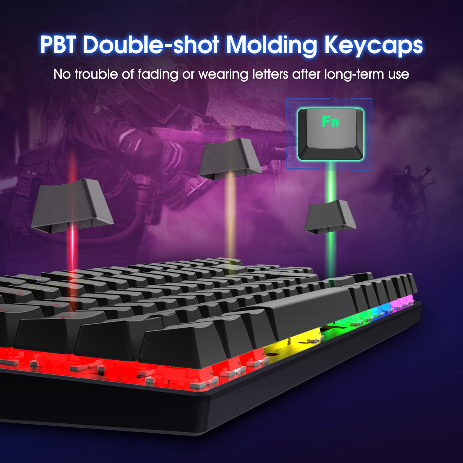 Mechanical Gaming Keyboard,Yochic LED Rainbow Backlit Ultra-Slim Wired Keyboard with Blue Switches 87 Keys,Full-Key Rollover,Ergonomic Computer PC Keyboard for Windows Mac