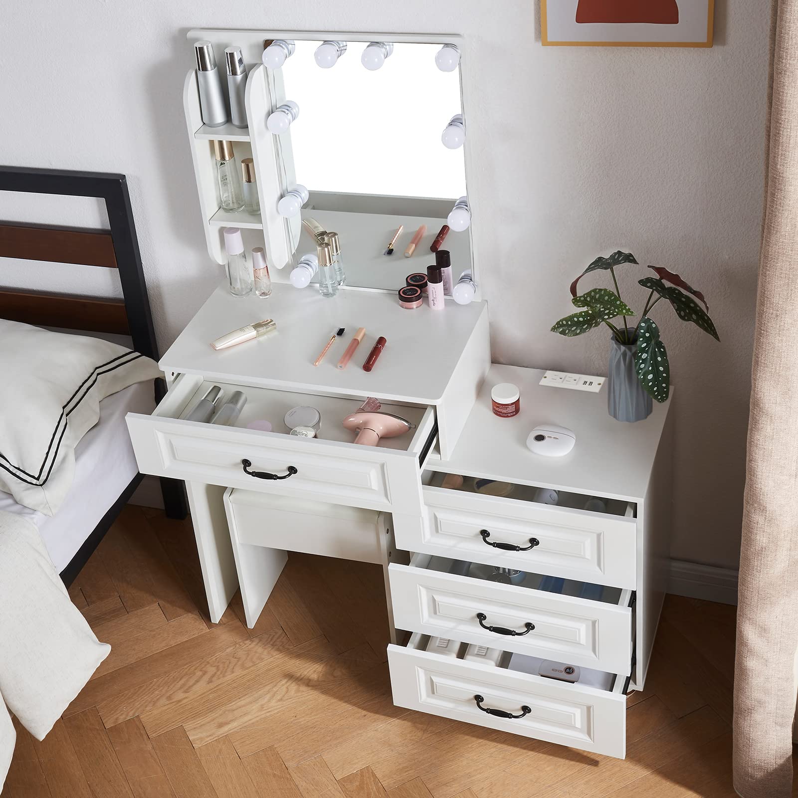 Jarbalai Makeup Vanity with 10 LED Bulbs Lighted Mirror, Modern Vanity Desk with Charging Station, White Makeup Dressing Table with 4 Drawers & Cushioned Stool Set for Bedroom