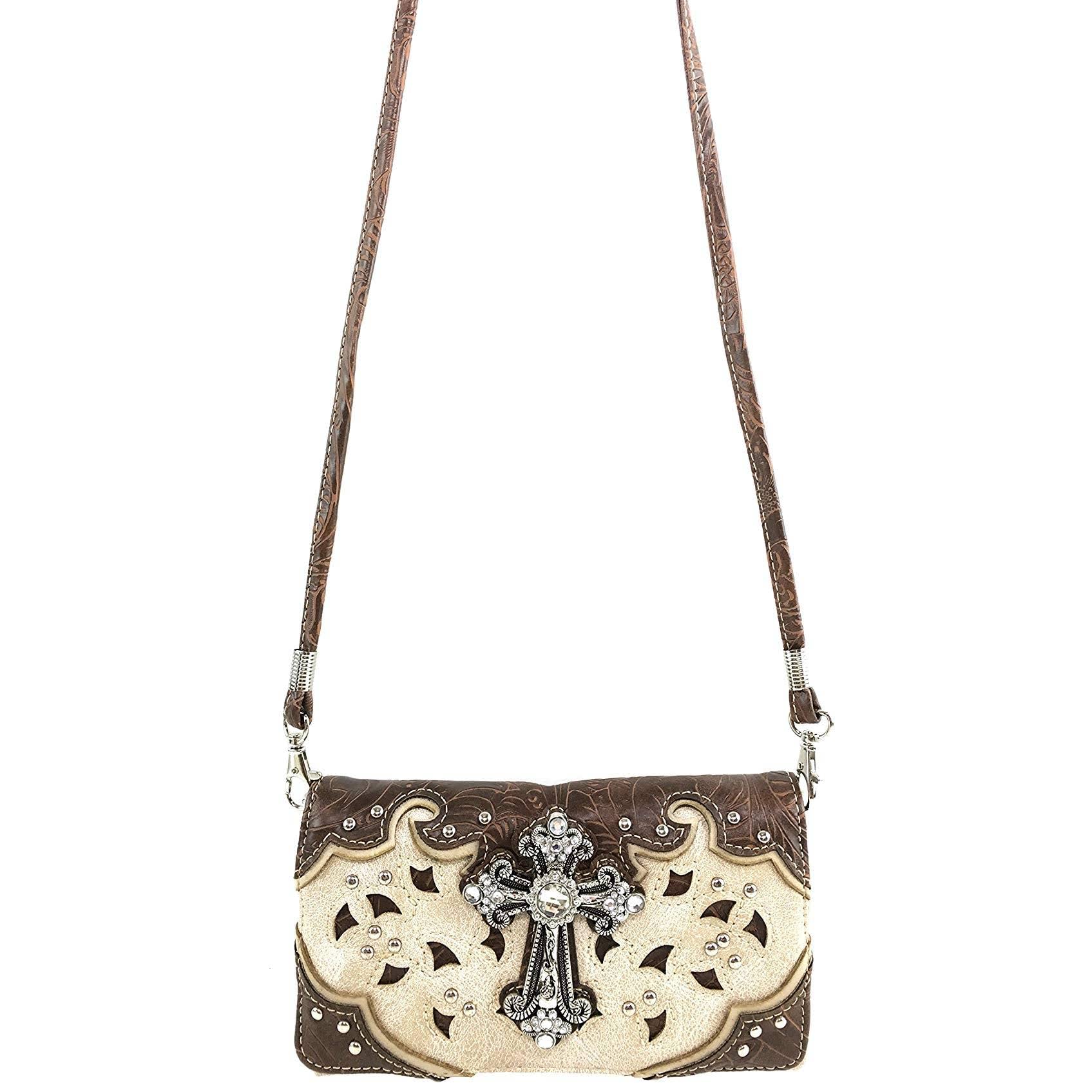 Justin West Tooled Leather Laser Cut Turquoise Rhinestone Cross Concho Studded Messenger Handbag with CrossBody Strap (Purple Messenger Only)