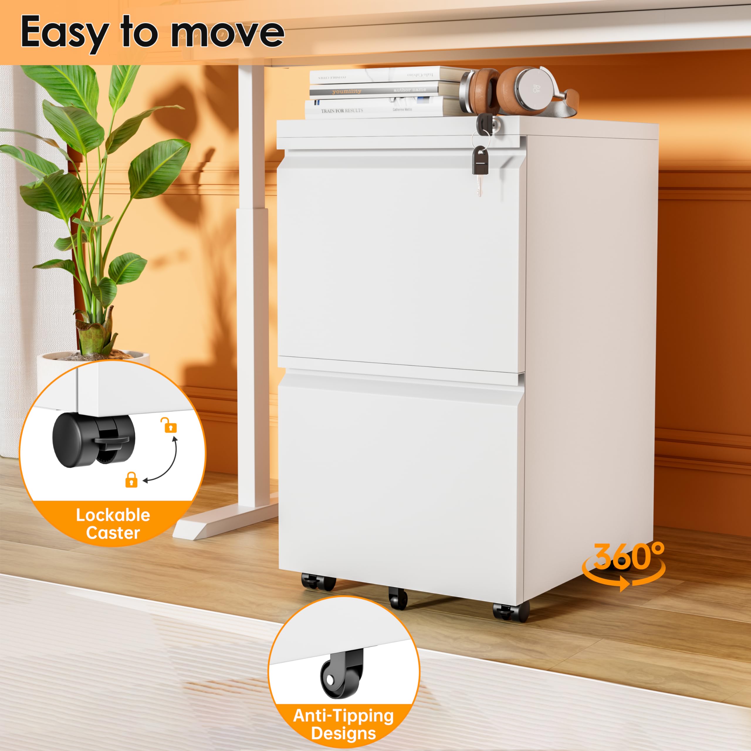 INTERGREAT 2 Drawer File Cabinet, Assembled Metal Filling Cabinet with Lock, Locking Office Mobile Cabinet with Wheels for Legal/Letter Size, Under Desk, White