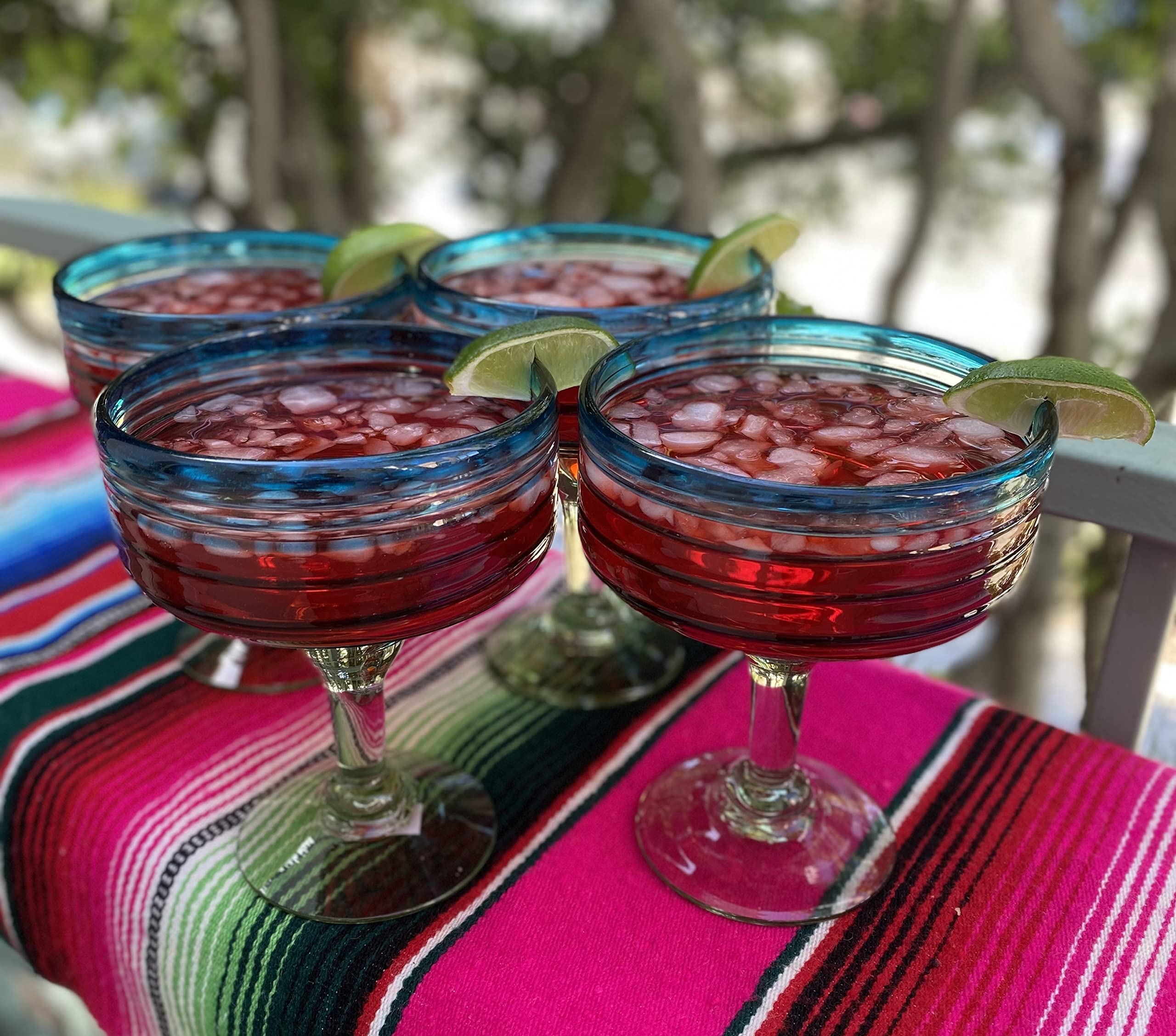 Mexican Hand Blown Glass – Set of 4 Hand Blown Margarita Glasses (16 oz) with Aqua Spiral Design
