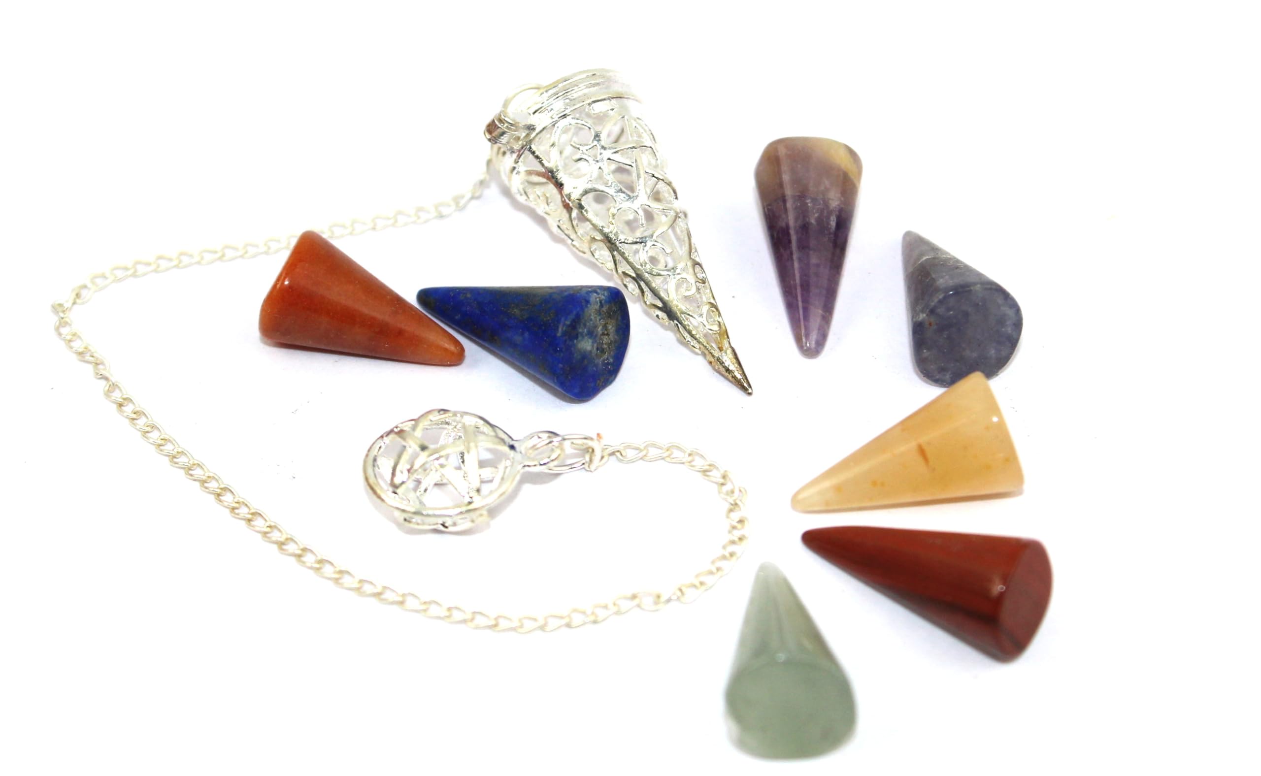 Jet International Jet Chakra Cage Pendulum 2" Free Booklet Crystal Therapy Interchangeable Chakra Cone Silver w/Pouch Divination Wicca Yes/No Pagan (Pentacle Star)