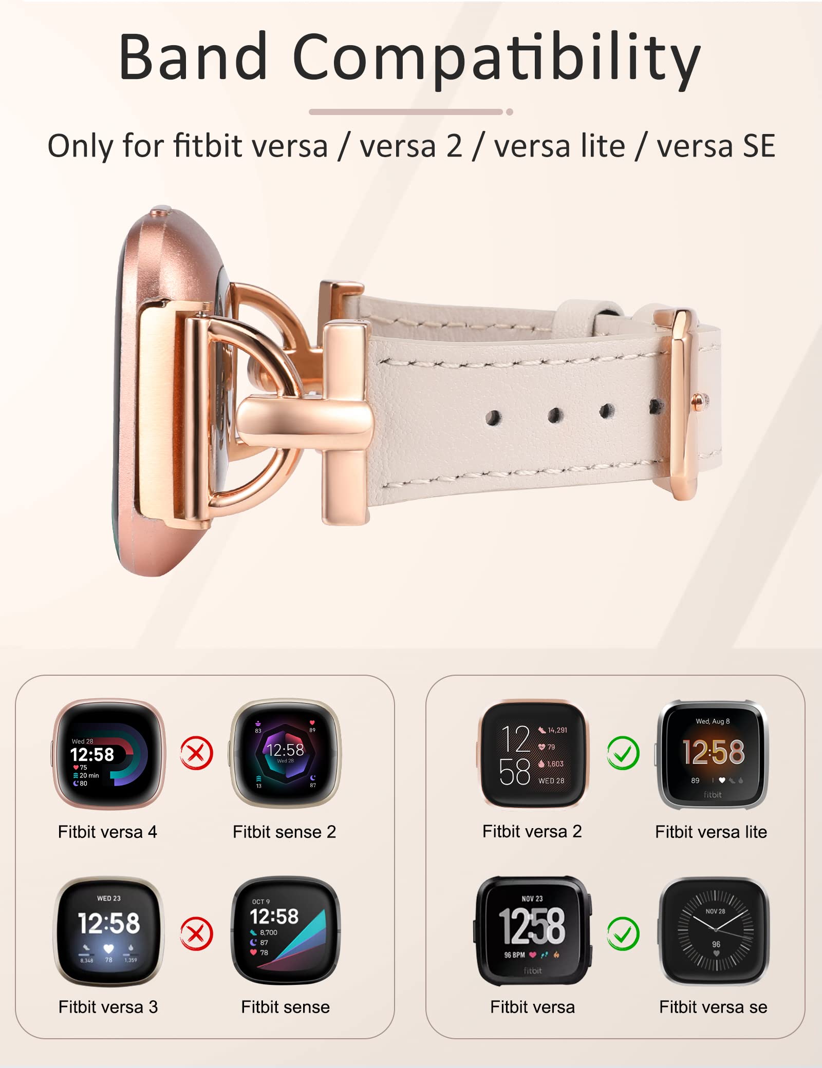 Wearlizer Leather Band Compatible with Fitbit Versa 2 Bands for Women, Dressy Slim Leather Strap Wristband with D-Shape Metal Buckle for Fitbit Versa/Versa 2/Versa Lite/Versa SE Smart Watch