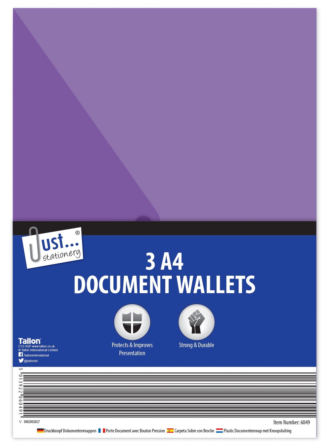 Just-Stationery A4 Poly File Wallets Stud (Pack of 3), 6049