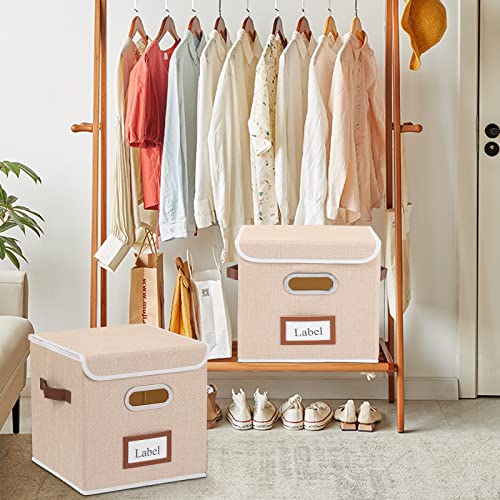 Yawinhe 4 Packs Storage Boxes, 11 x 11 x 11 Inch Storage Cubes, Storage Bins Organizer Containers with Dual Leather Handles for Home Bedroom Closet Office (Beige, 4-Pack)