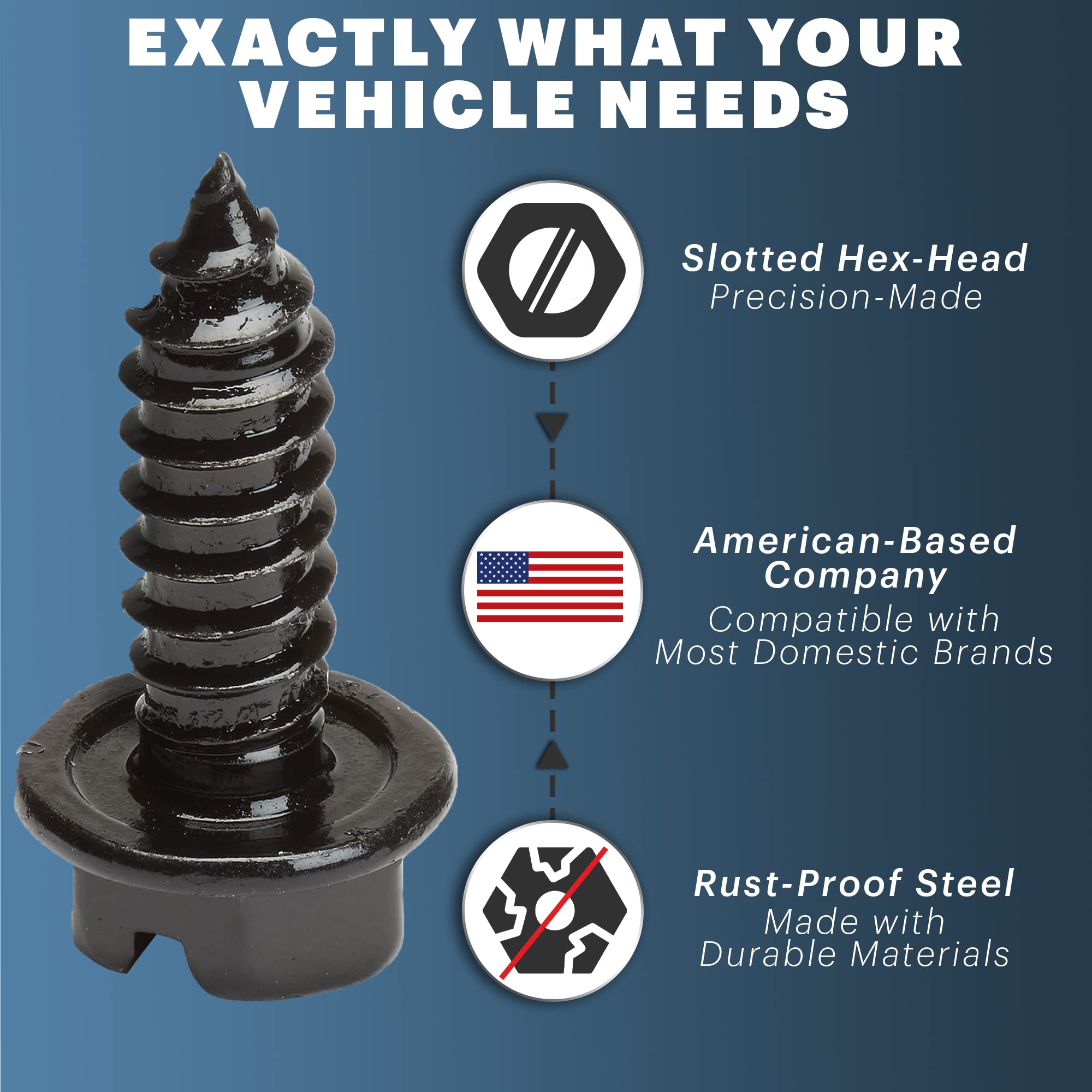 License Plate Screws - Black, Set of 4 Fasteners - For Front and Back License Plates and License Plate Frames or Covers - Rust Proof, Weather Proof, Self Tapping Mounting Bolts (Black Stainless Steel)