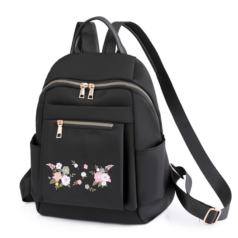 Kteubro Nylon Flower Embroidery Backpack, Large Capacity Laptop Bag With Adjustable Strap For Work & Travel