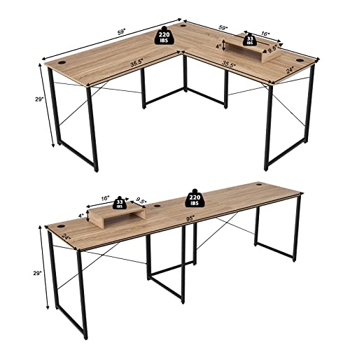 Tangkula L-Shaped Computer Desk, 95 Inch Reversible Corner Desk with Monitor Stand & 3 Cable Holes, 2-Person Long Study Writing Desk, Large Home Office Gaming Writing Workstation (Natural)