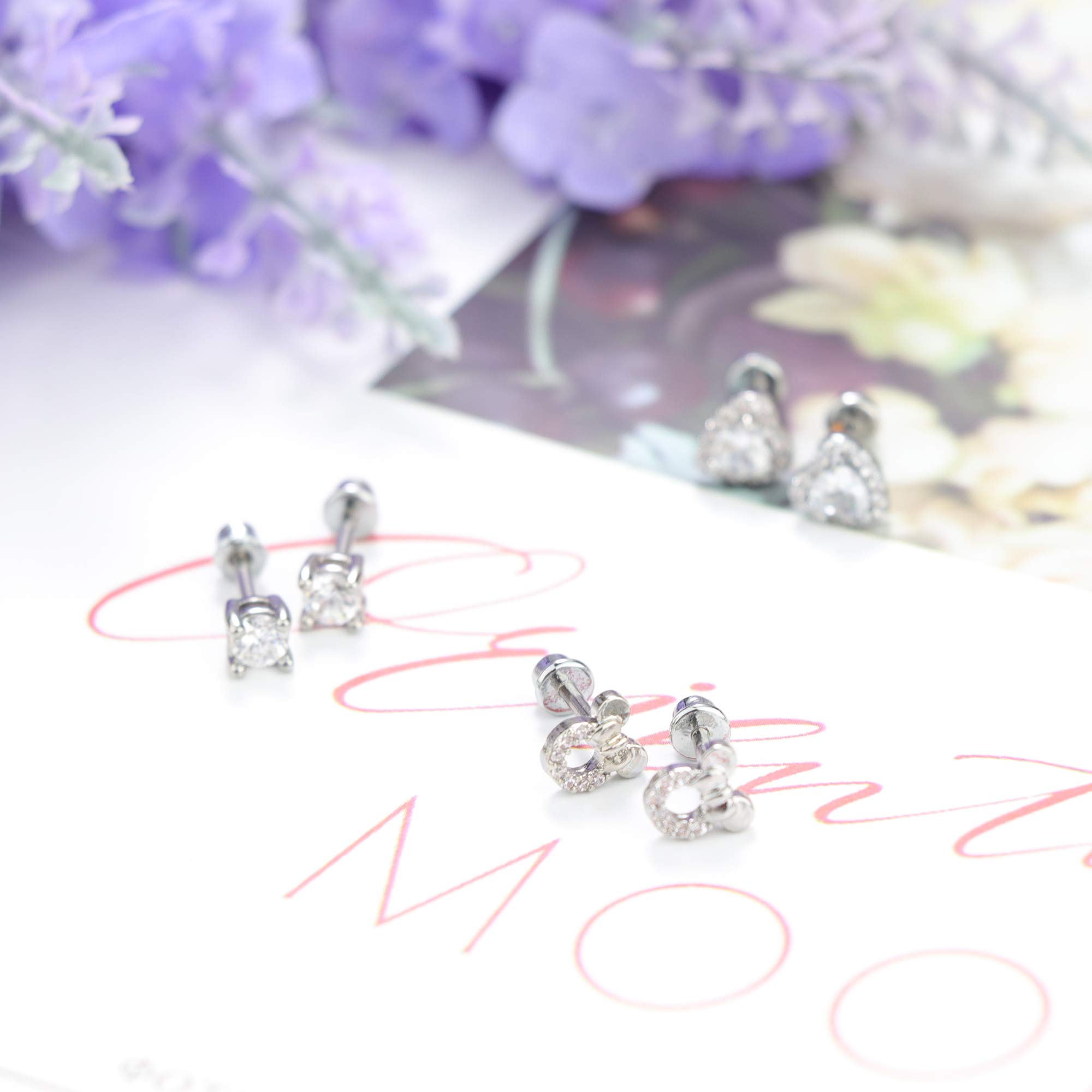 JOERICA 3 Pairs Hypoallergenic Screw Back Earrings for Women Surgical Steel Cute Heart Butterfly CZ Tiny Screwback Stud Earring
