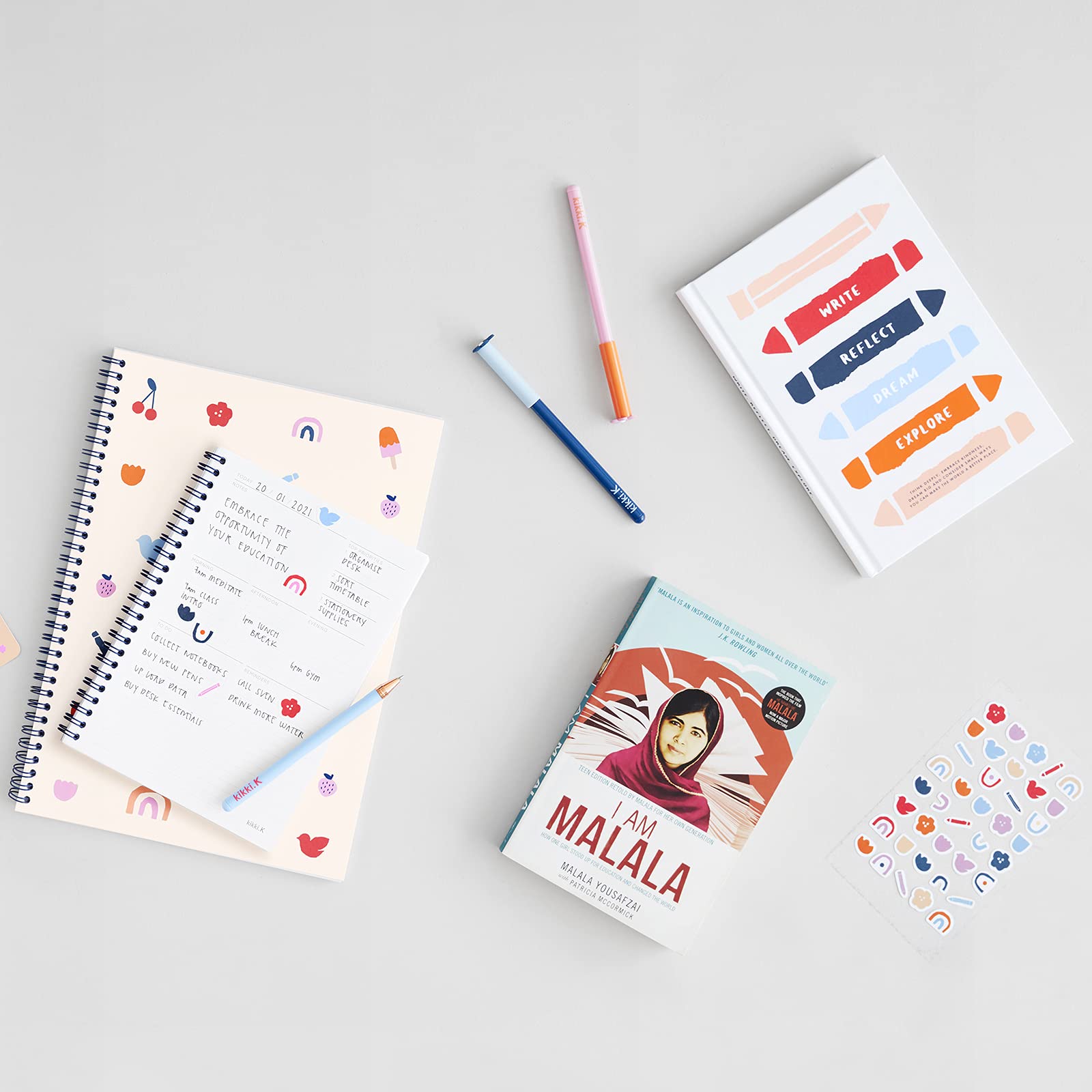kikki.K x Malala Fund Collection - Write Reflect Dream Explore Journal in Pale Peach, Prompted, Lined, Blank and Printed Pages, 208 Pages, 8.50" L x 6.06" W x 0.51" H