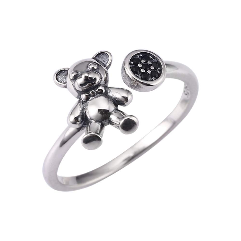 Lovely Bear Sterling Silver 925 Open Stacking Rings for Women Vintage Antique Black CZ Crystal Eternity Engagement Statement Ring Finger Band Cute Jewelry Adjustable