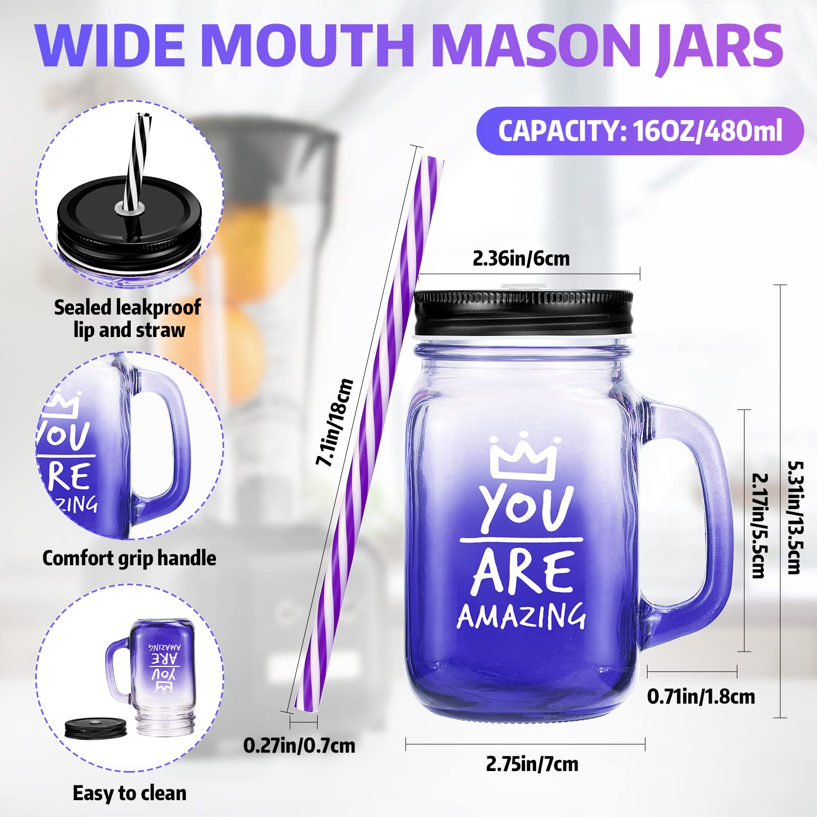 Meanplan Employee Appreciation Gift Bulk 16 oz Thank You Glass Cup with Handles Lids and Straws Mason Jar Mugs for Students Teacher Graduation Coworker Staff Nurse Work Team(Multicolor, 10 Pcs)