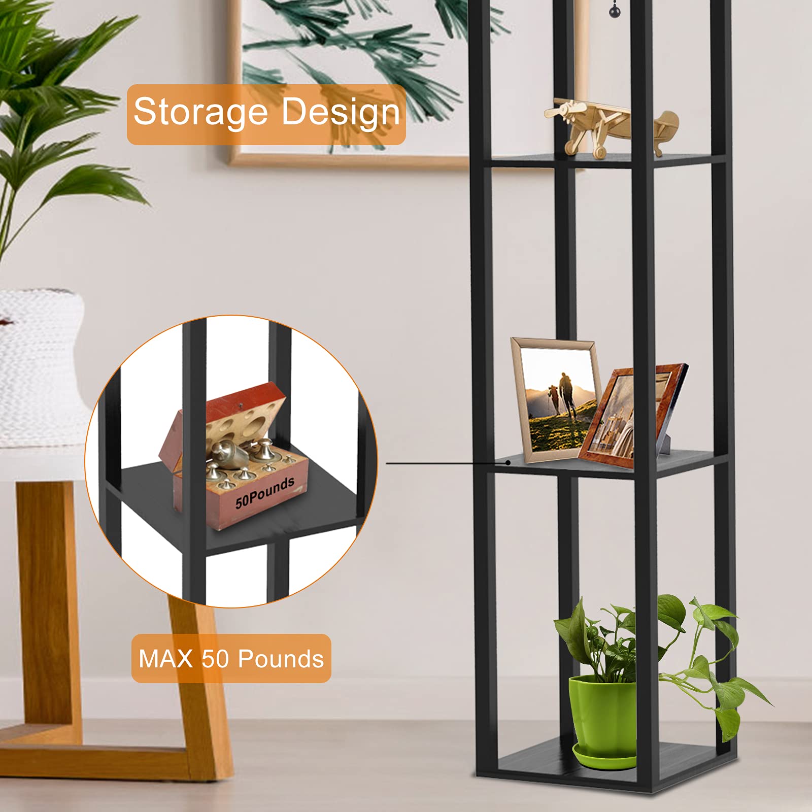 MOFFE Column Floor Lamp with Shelves, Modern Shelf Floor Lamp with 9W LED Bulb, 3 Tier Storage Display Standing Reading Lamp Narrow Corner Nightstand Light for Bedroom Living Room, Black