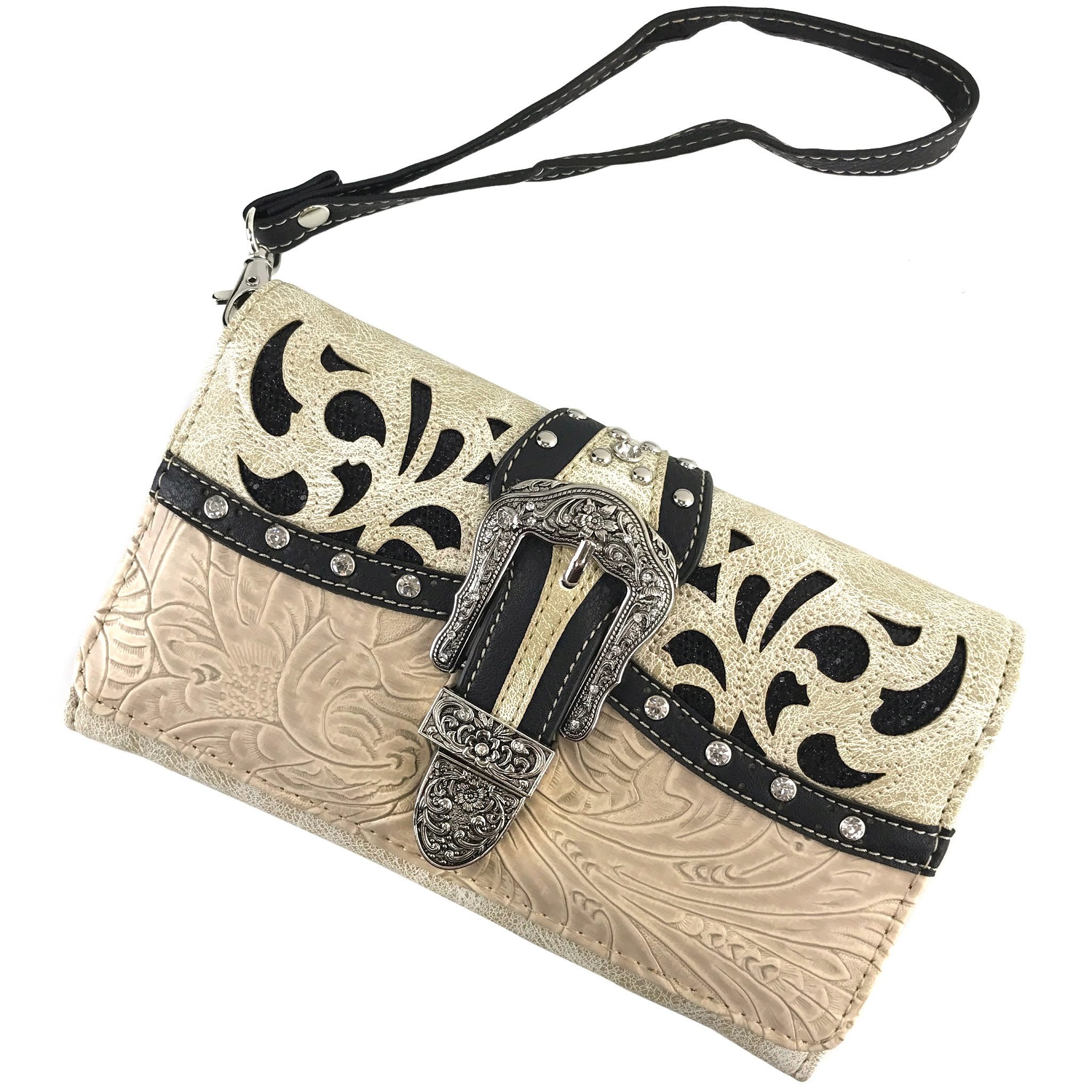 Justin West Tooled Floral Embroidery Buckle Studded Concealed Carry Tote Purse (Beige Purse Wallet Set)
